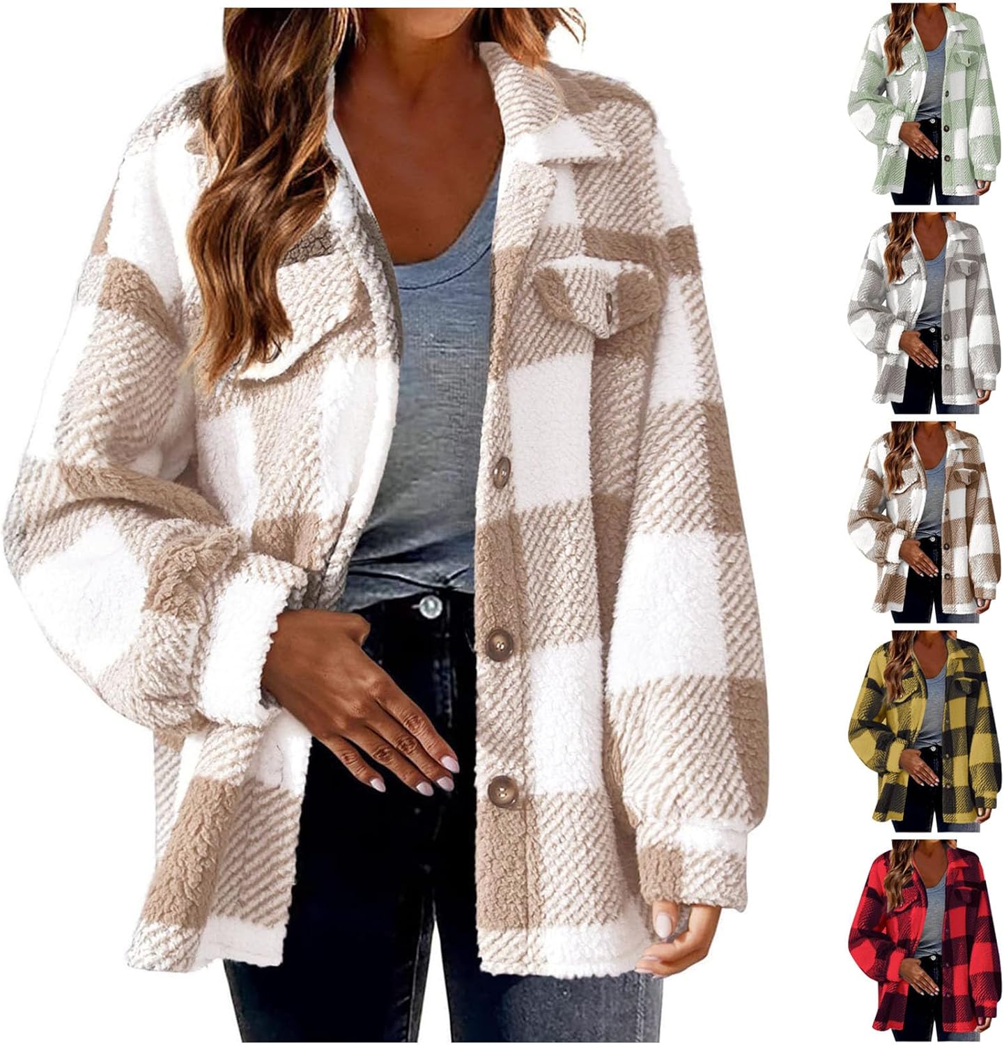 YAFINMO Womens Fuzzy Plaid Shacket Jacket Furry 2024 Spring Long Sleeve ...