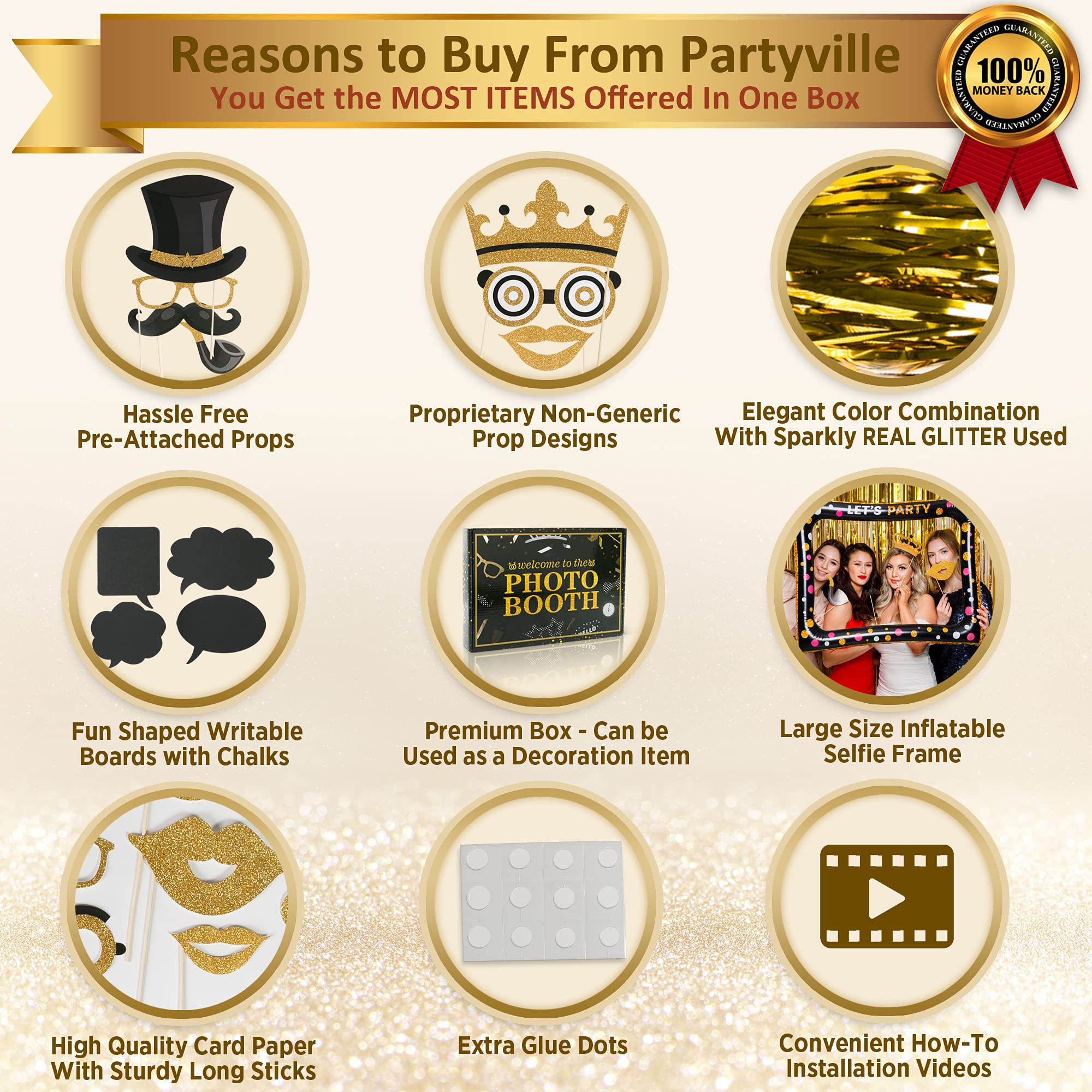 Partyville Photo booth Props - Real Gold Glitter Pre Assembled 23 Pcs ...