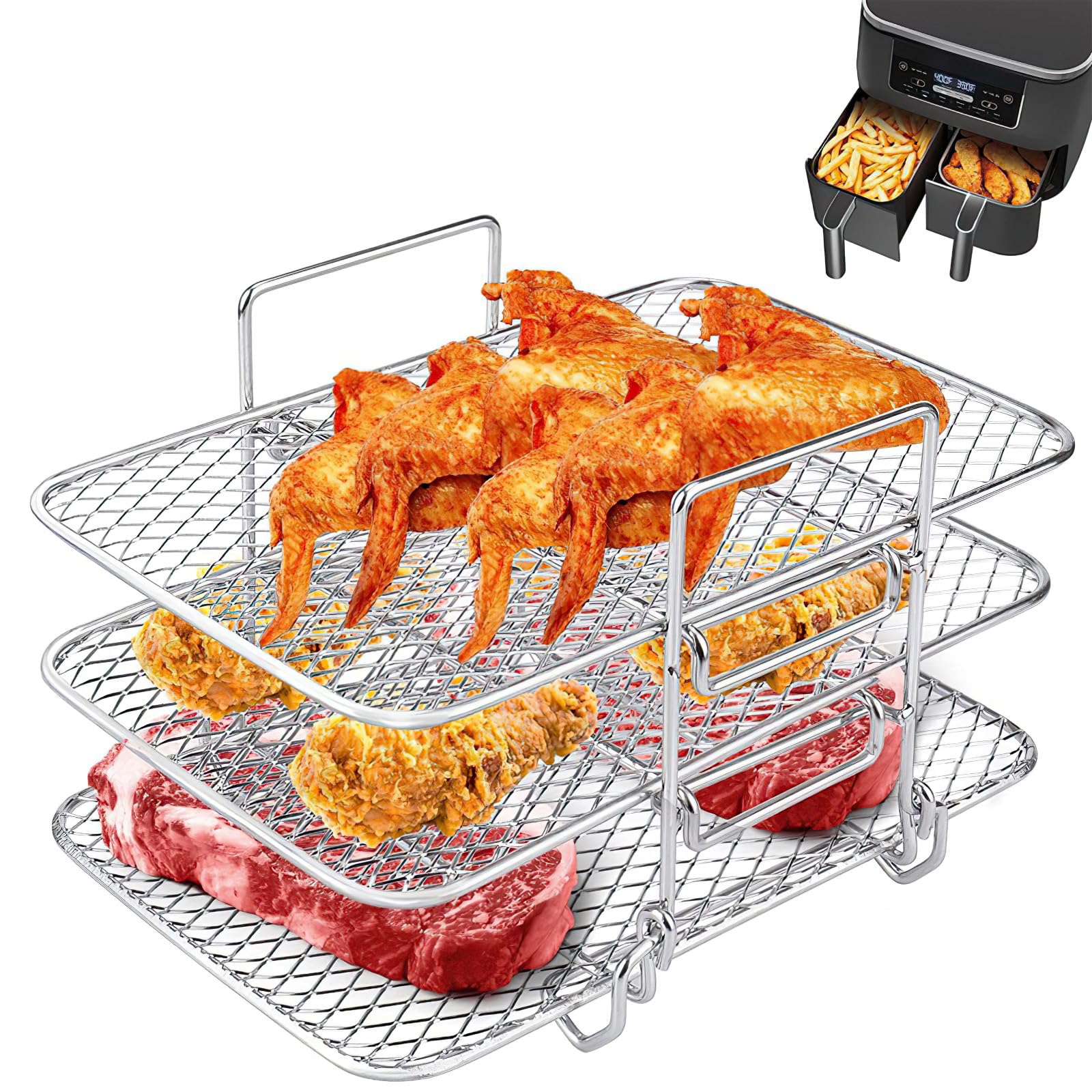 Air Fryer Rack Set for Dual Air Fryer, 3 Layers 304 Stainless Steel ...