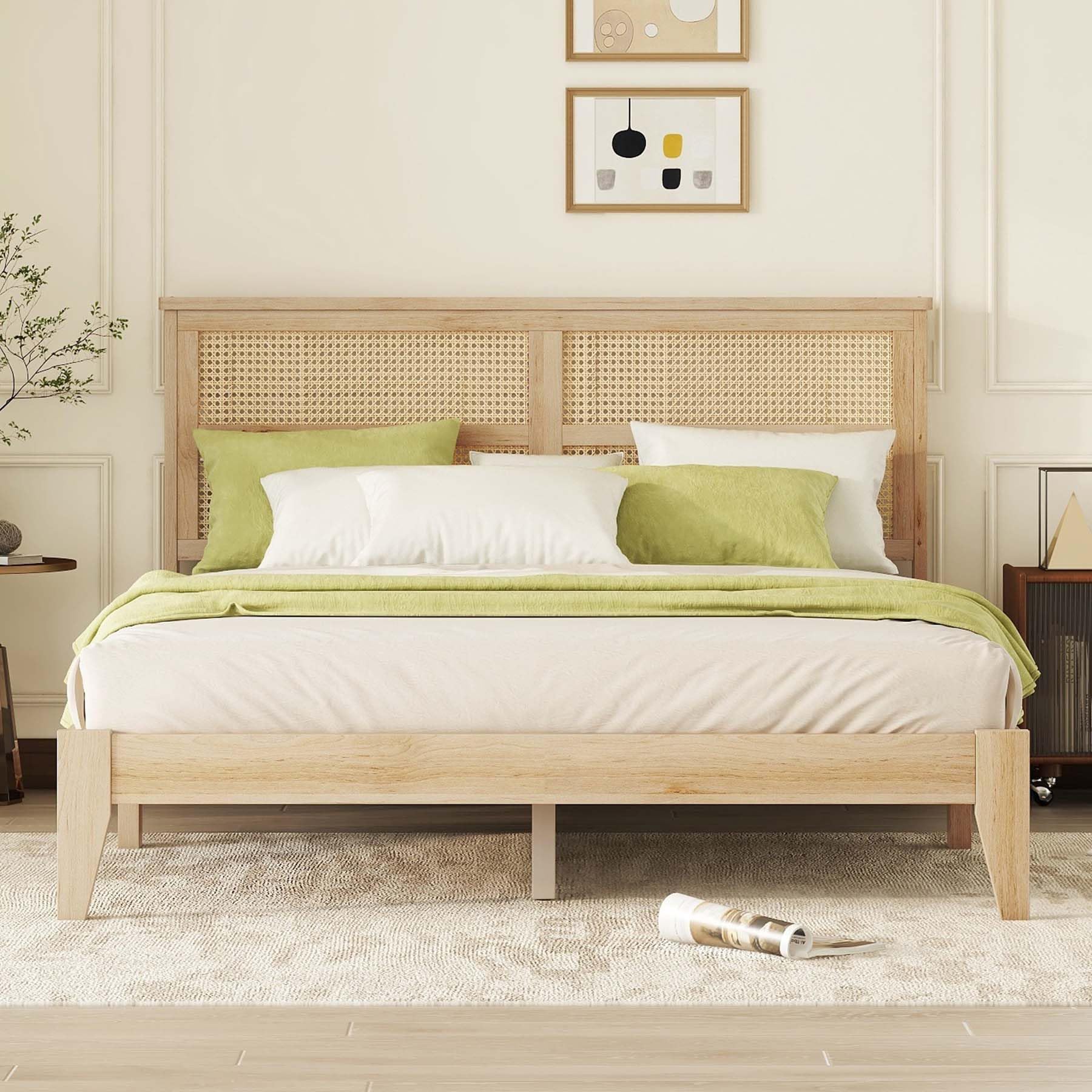 Amazon.com: Boho Bed Frame Queen with Rattan Headboard, Rattan Bed Frame&Queen Bed Frame with ...
