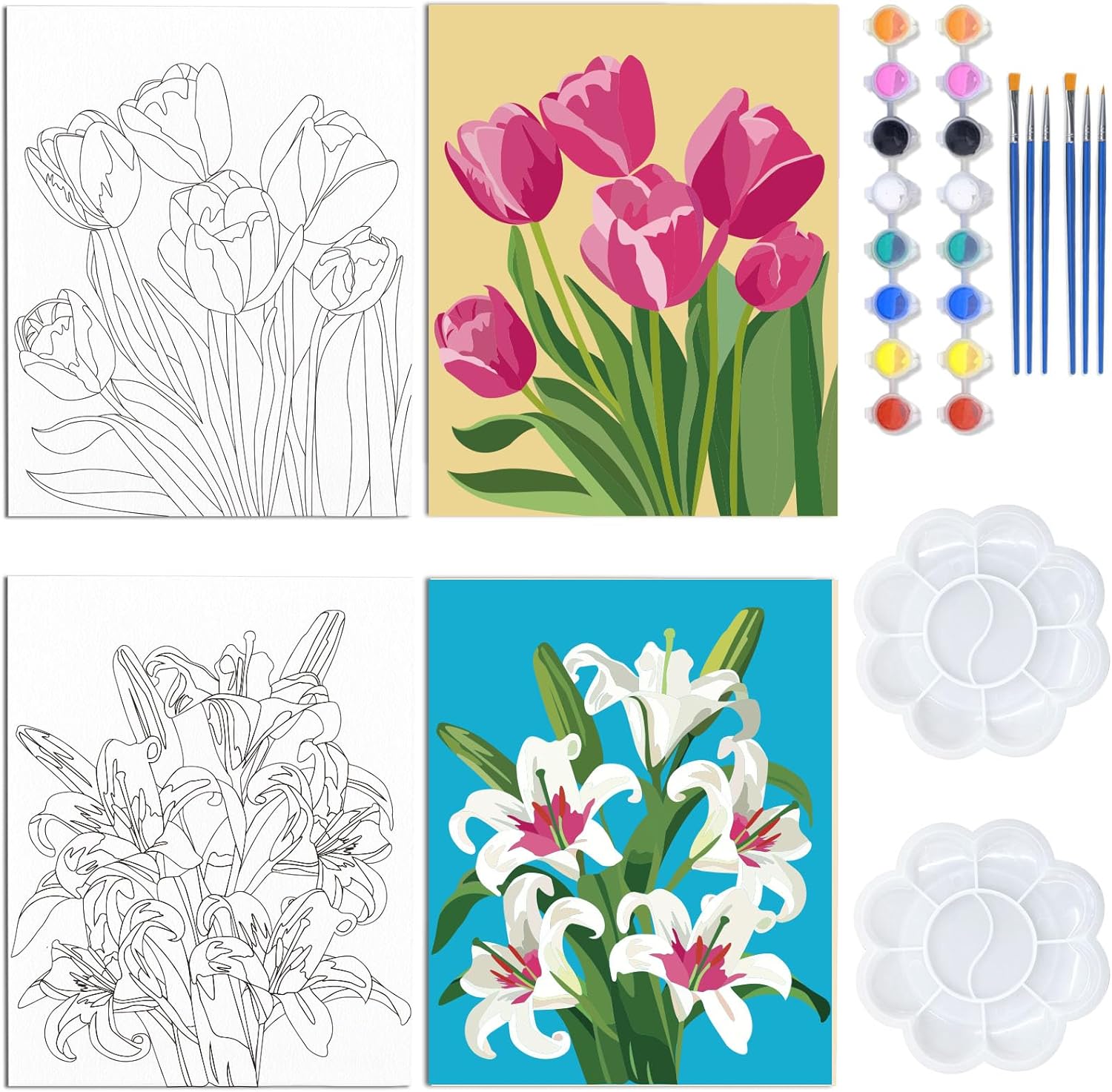 Amazon.co.jp: WEBEEDY 2パック 描画済みキャンバス チューリップ プレプリントキャンバス ペイント用 DIYぬりえ フローラルプレスケッチキャンバスアウトライン ...