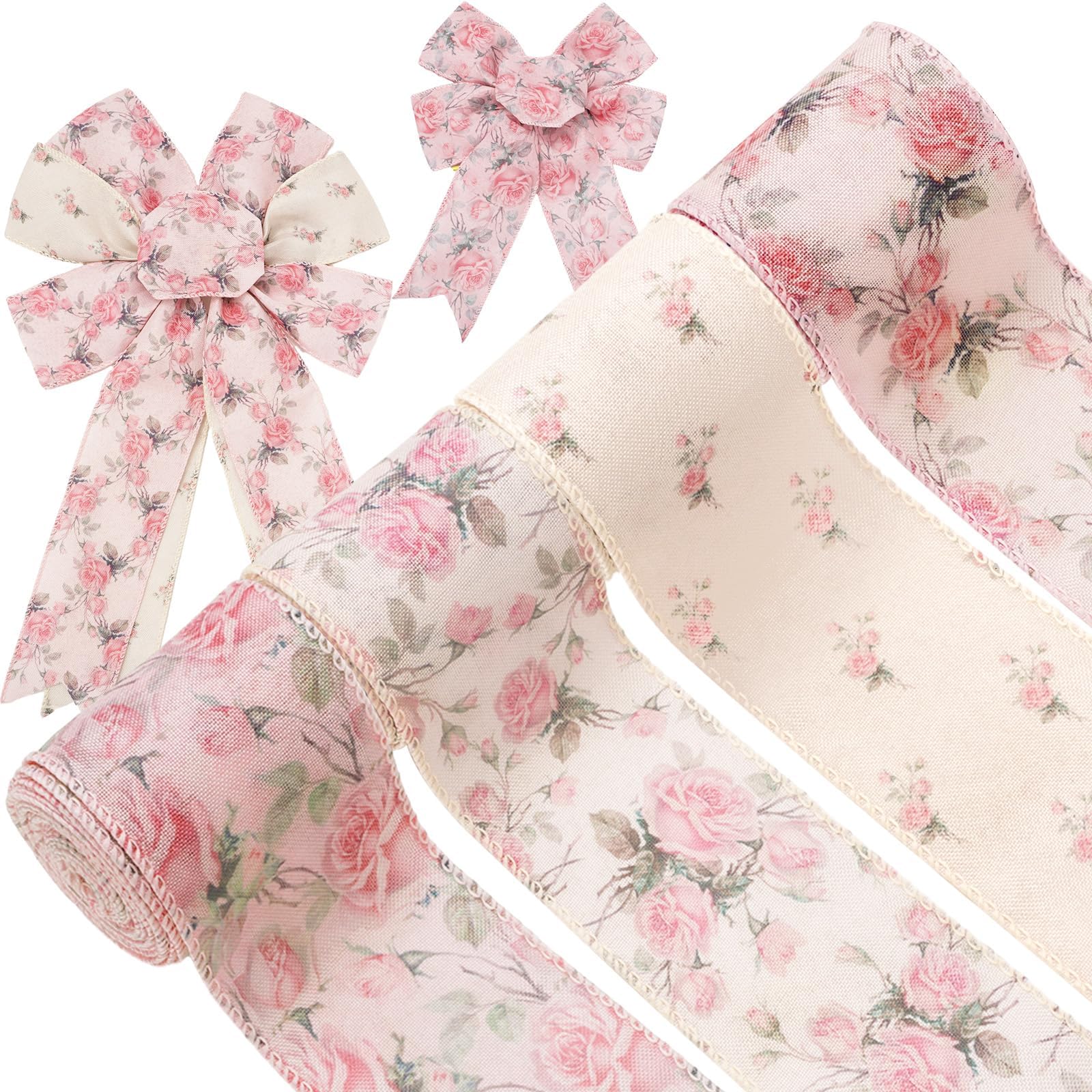 Amazon.com: Generic AnyDesign 4 Rolls Pink Floral Wired Ribbon 2.5 Inch ...