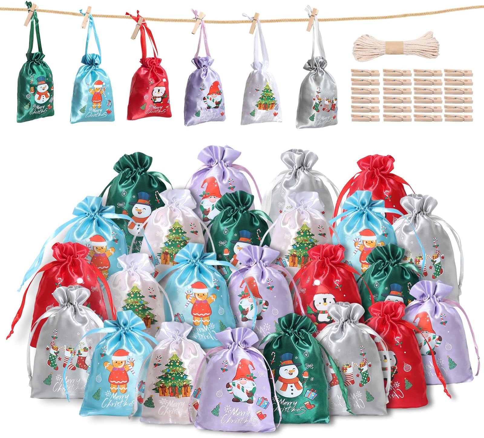 Amazon.com: 24 Pcs Small Christmas Bags with Drawstring Cute Satin Xmas ...