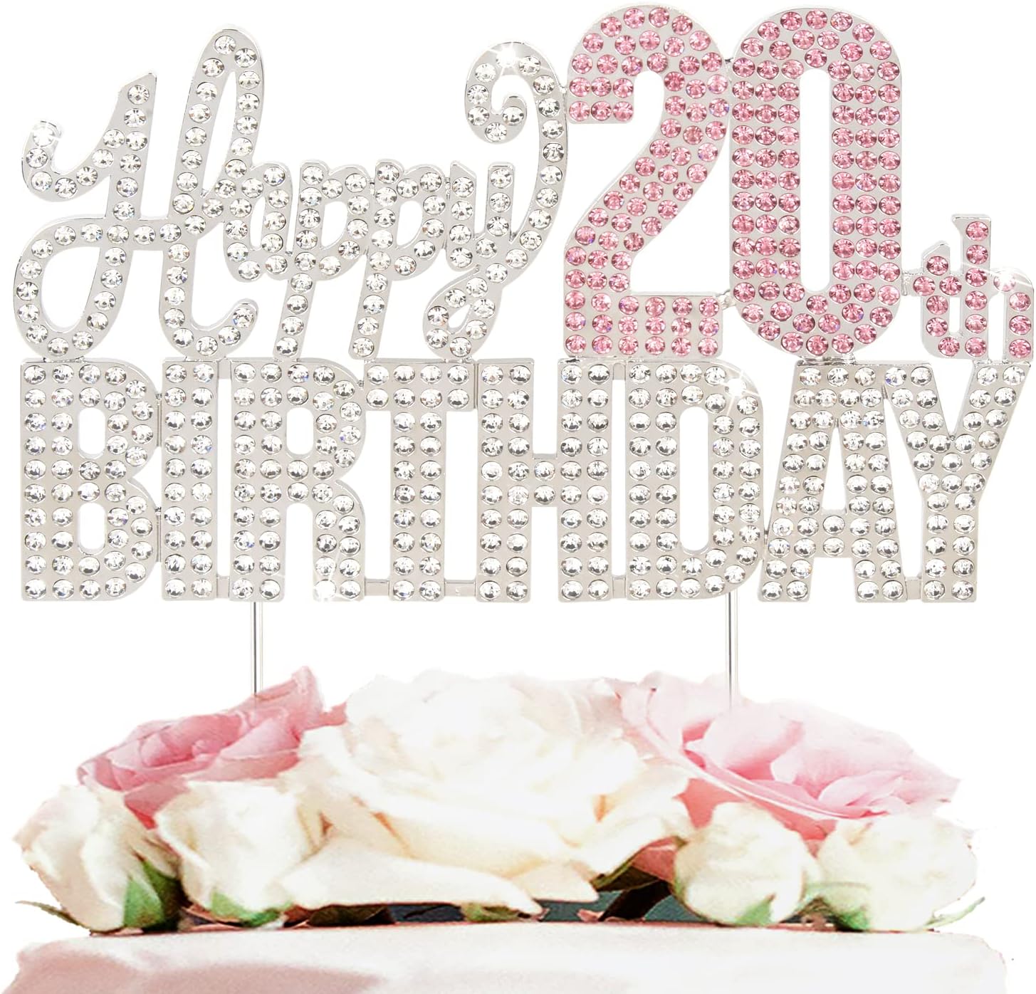 Amazon.com: Nelbiirth Happy 20th Birthday Silver & Pink Rhinestone Cake ...