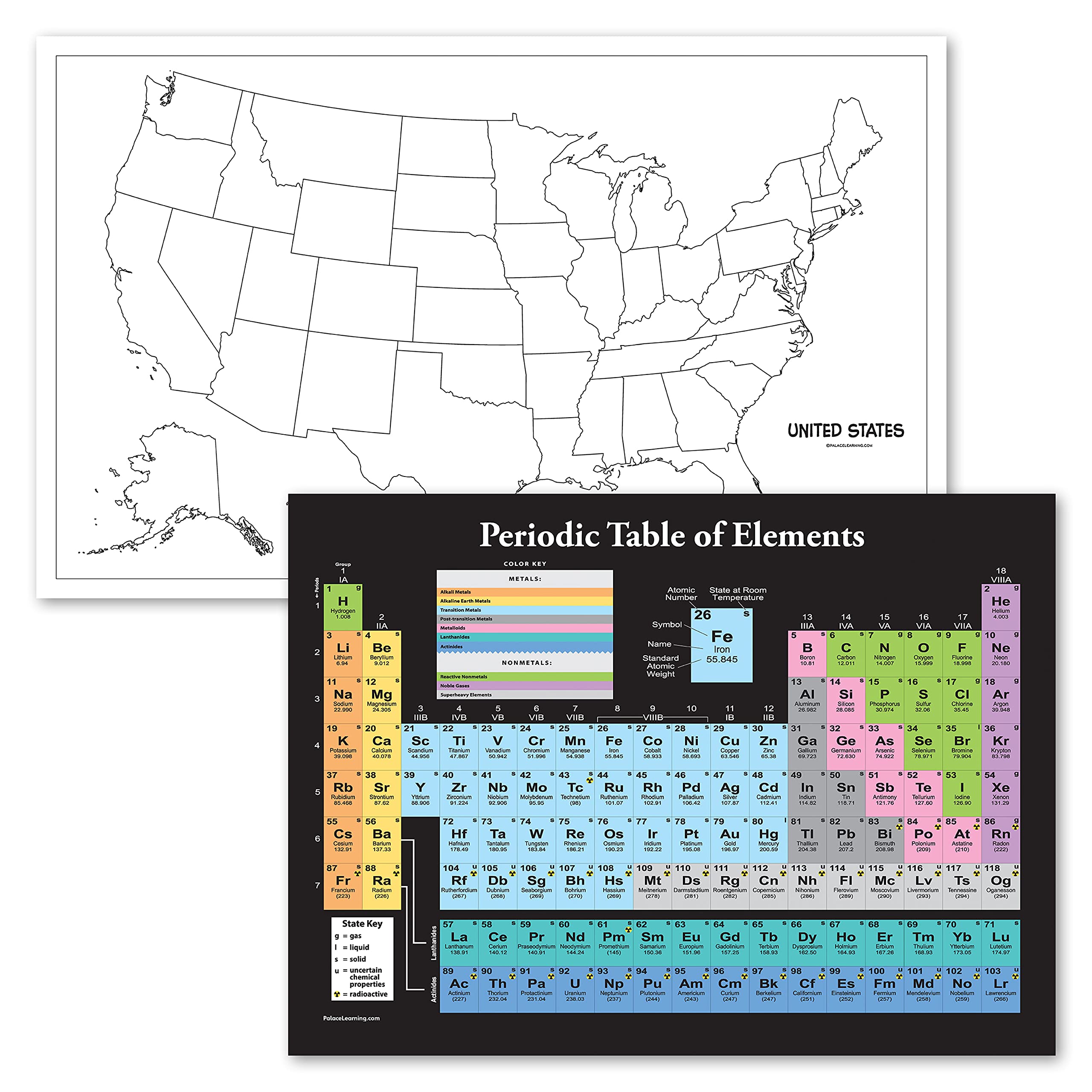 2 Pack Blank Usa Map Outline Poster Periodic Table Elements ...