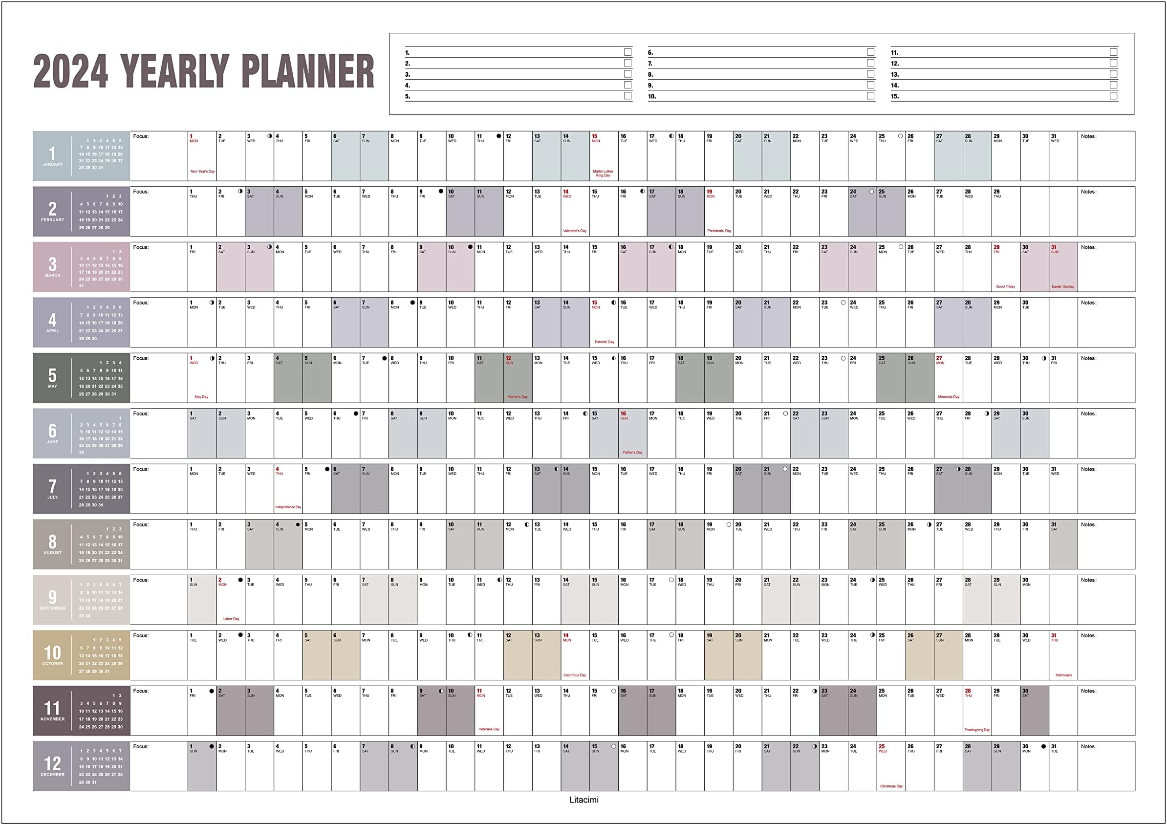 Amazon.com: 2024 Yearly Wall Calendar with Holidays, Full Year Calendar ...