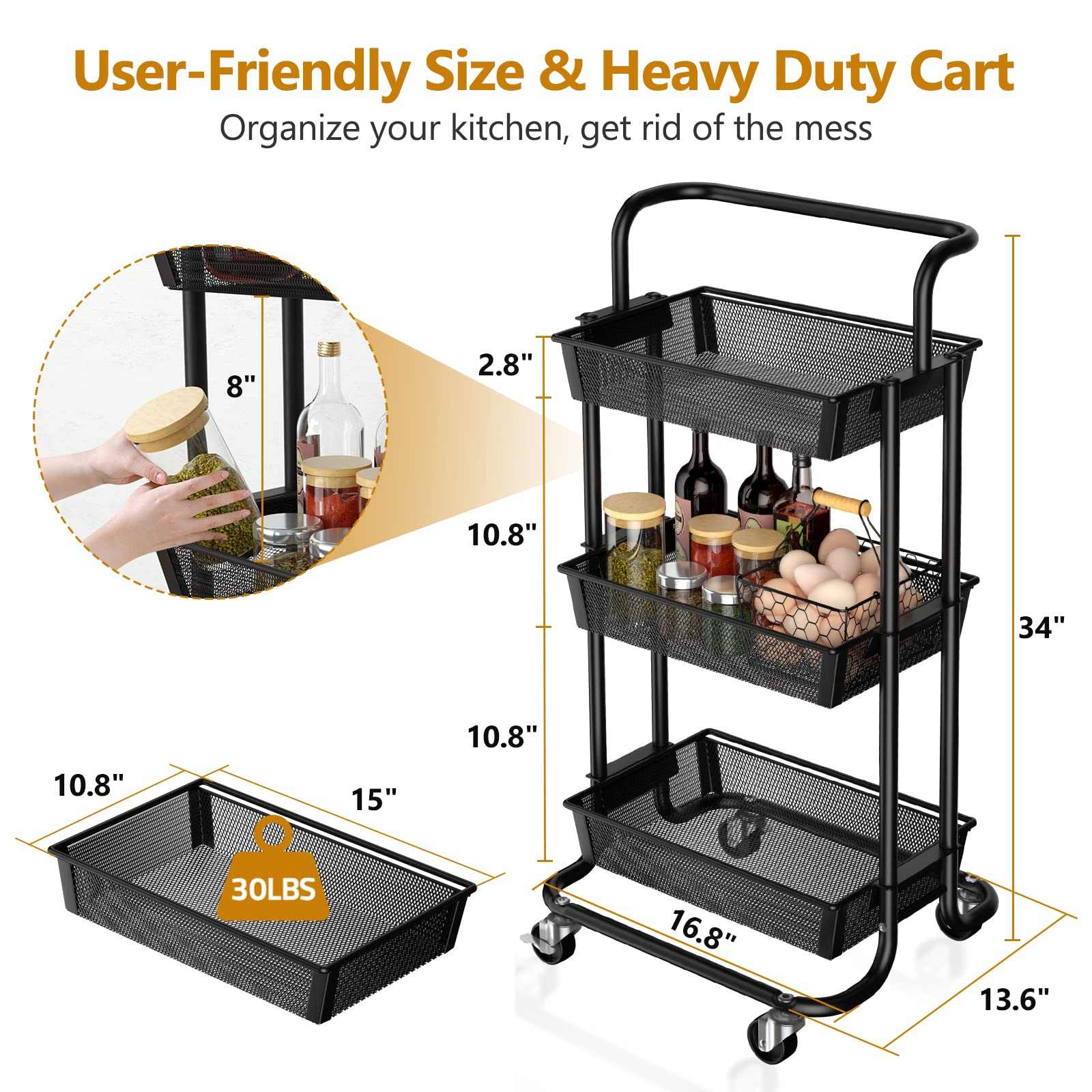 Greensen 3 Tier Rolling Cart, All-Metal Kitchen Storage Organizer Cart ...