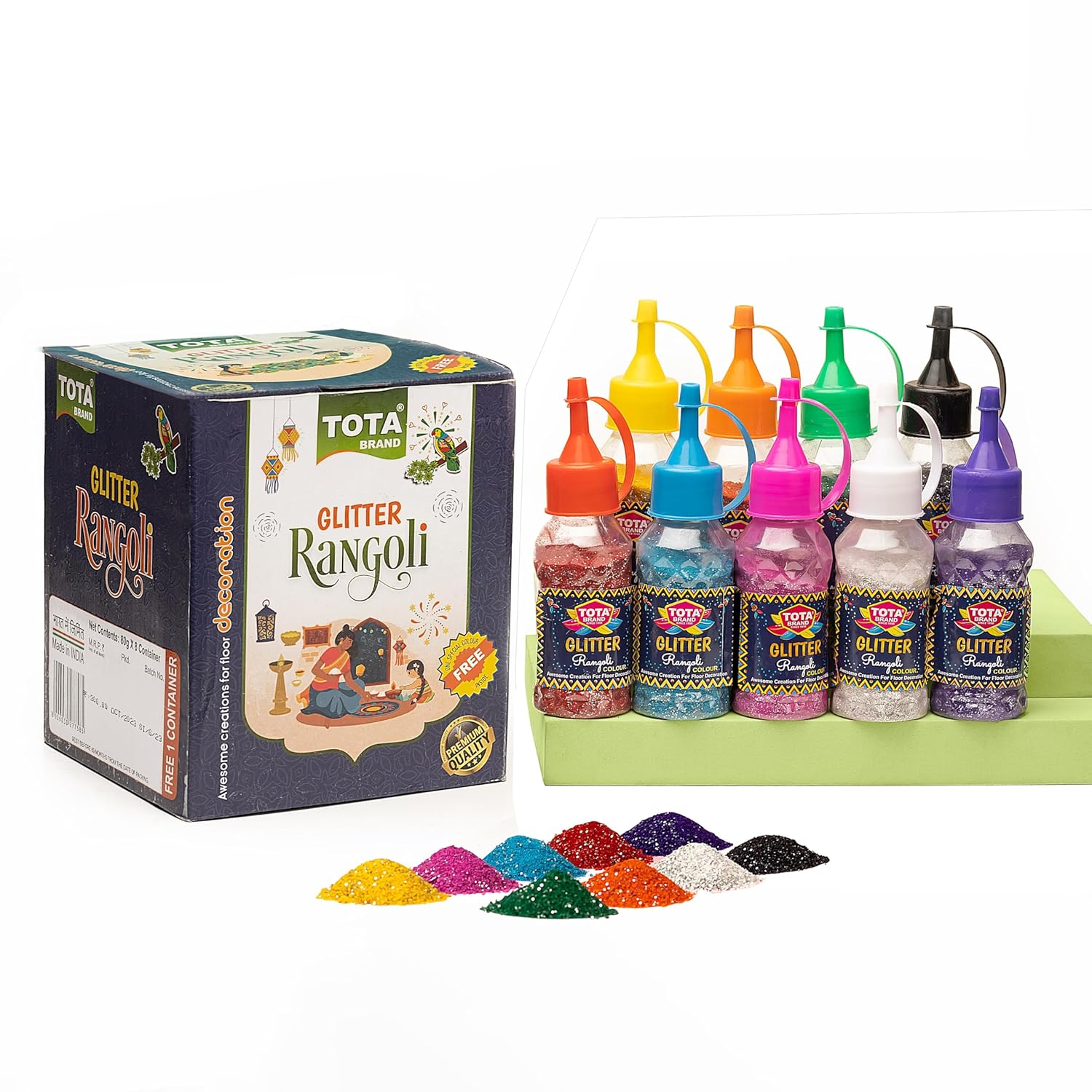 Buy TOTA 9 Glitter Rangoli Colour Powder Bottles – Diwali Decoration ...