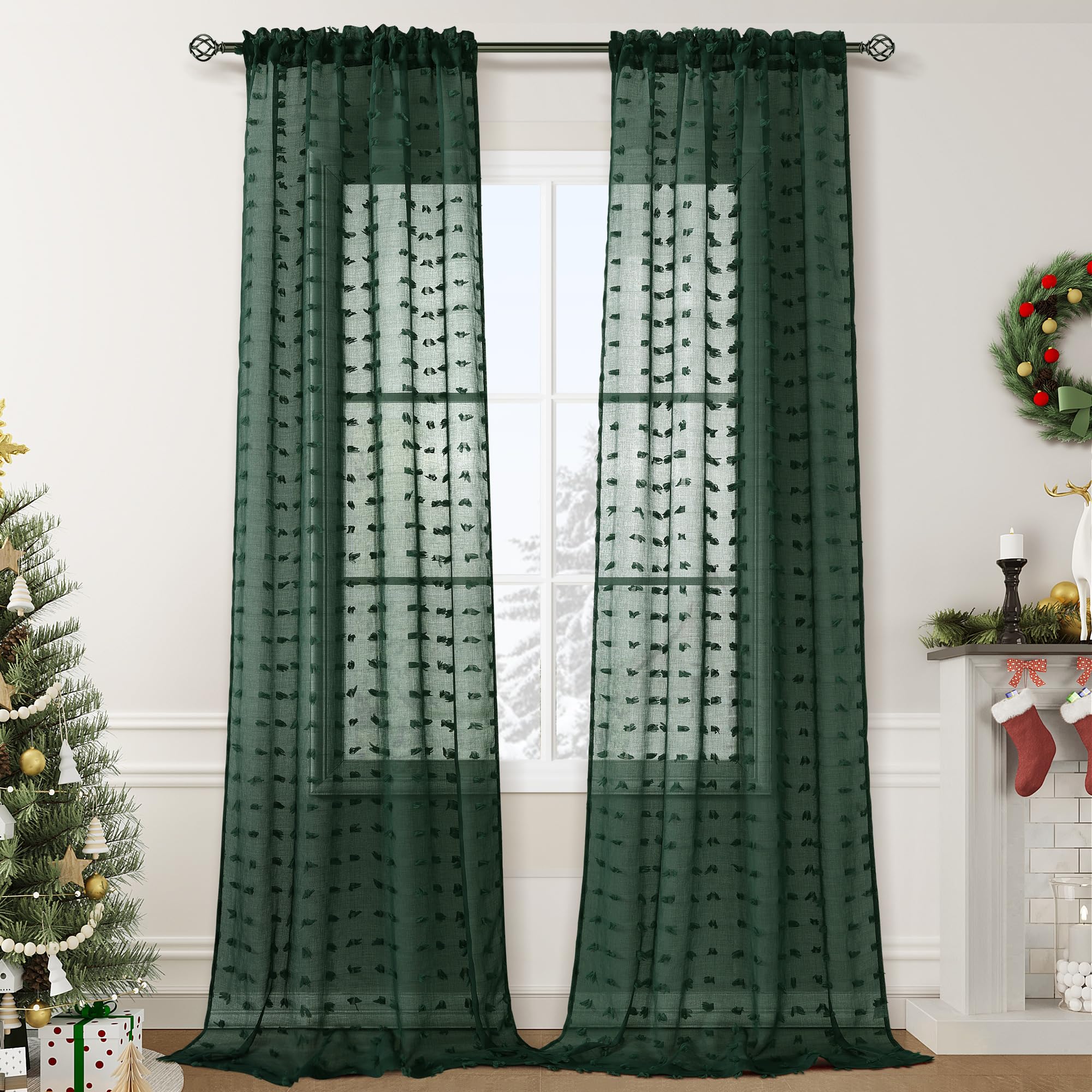 Snapklik.com : Dark Green Sheer Curtains 90 Inches Long 2 Panels Set ...