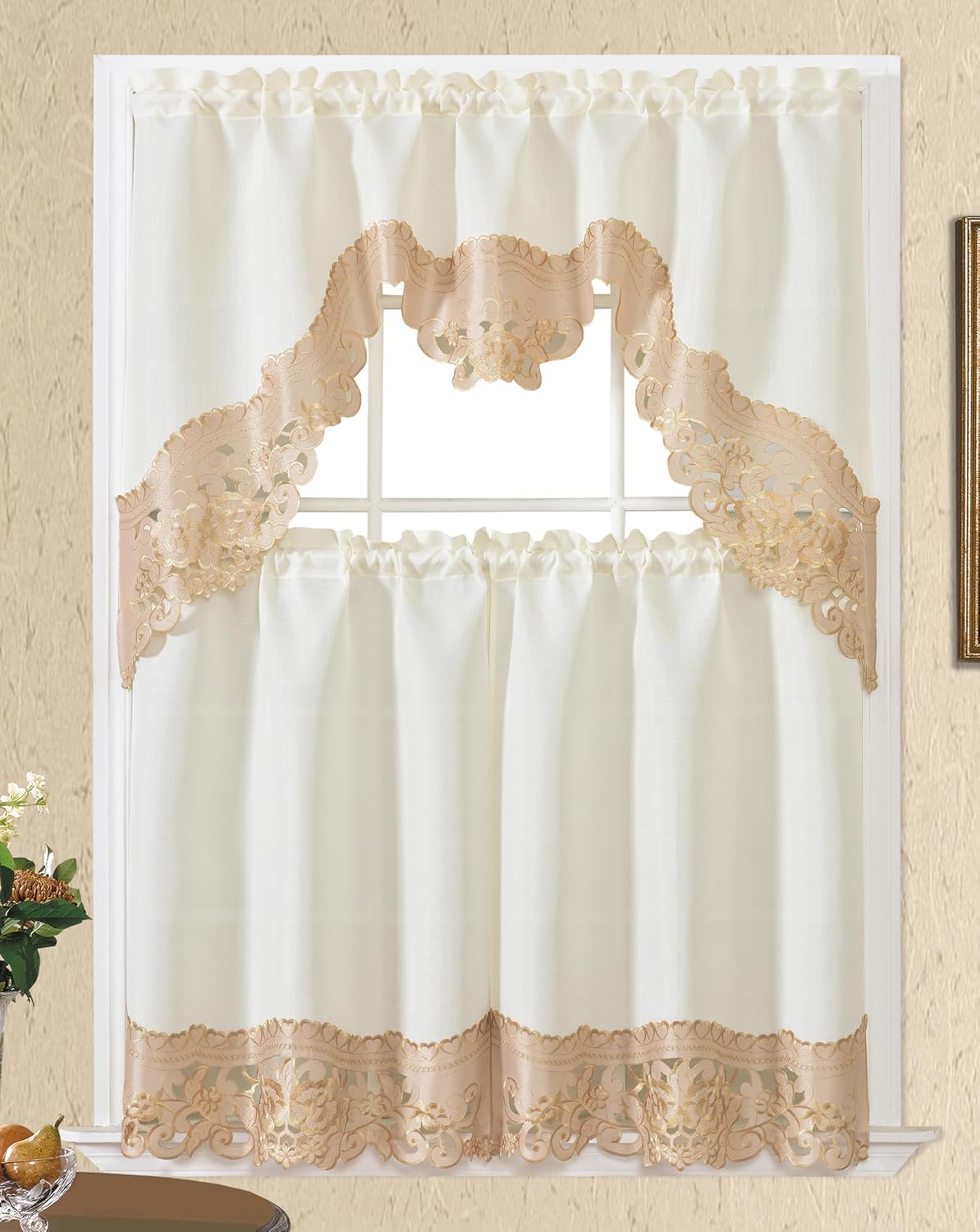 Amazon.com: GOHD Arch Rosarium 3pcs Kitchen Curtain Set, Elegant Ivory ...
