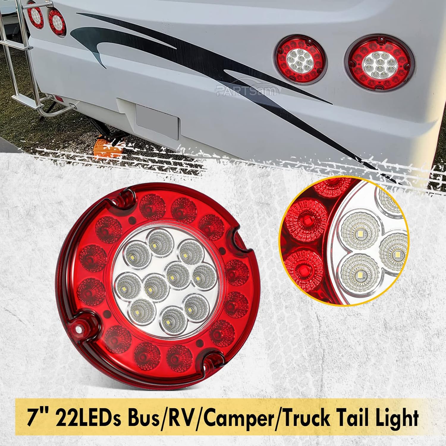 Buy Partsam 2x 7 Round Stop Backup Tail Lights 22 LEDs Red White 7 Inch ...