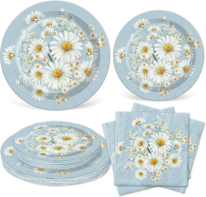 Amazon.com: Whaline 80Pcs Spring Theme Paper Tableware Set Blue Daisy ...