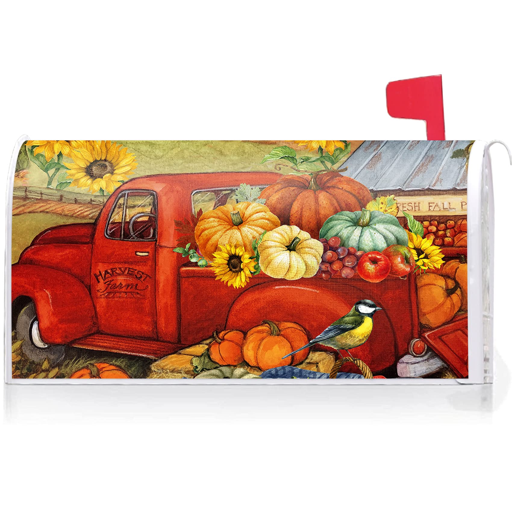 Texupday Fall Harvest Pumpkin Red Truck Decoration Mailbox Cover with ...
