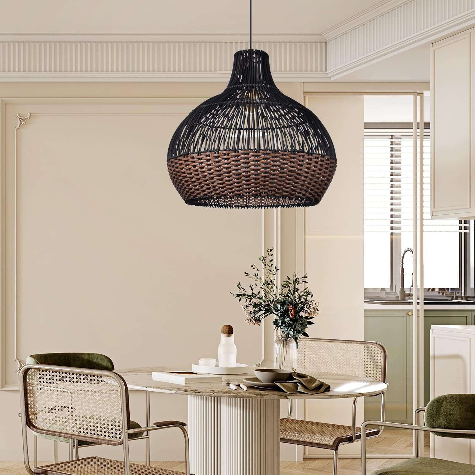 Rattan Pendant Light Wood Black Wicker Ceiling Hanging Lamp Bamboo Chandelier Farmhouse Vintage ...