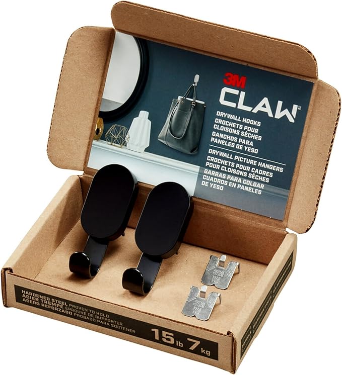 3M CLAW 15 lb. 2 Drywall Black Hooks & 2 Extra Picture Hangers ...