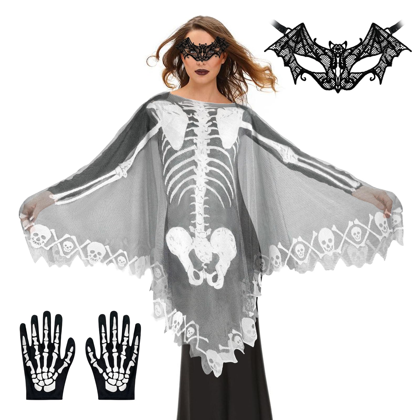 Amazon.com: Asekonc 3 Pcs Halloween Skeleton Poncho for Women, Skeleton ...