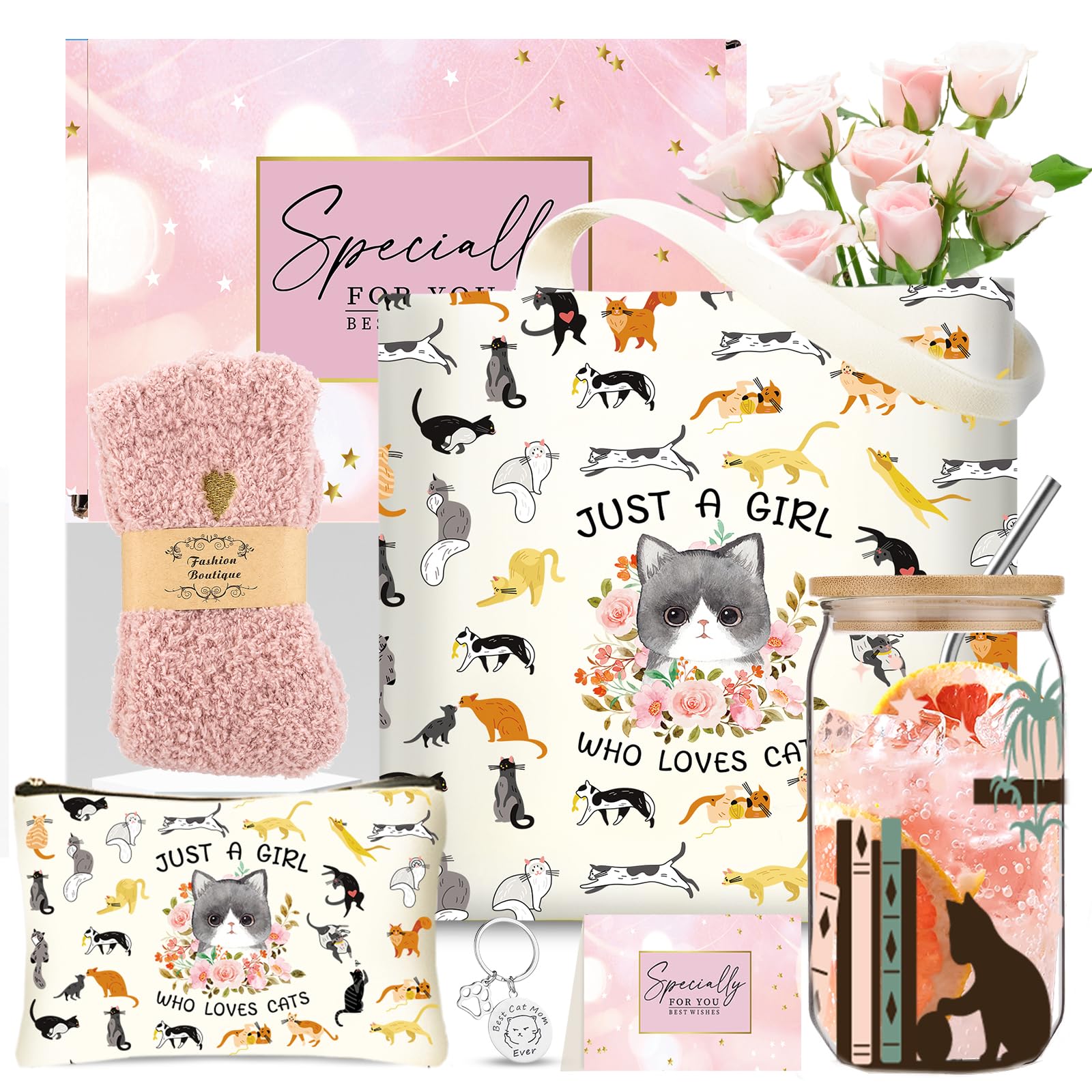 Cat Lovers Gifts for Women, Cute Flower Tote Bag Cat Themed Gifts Box ...