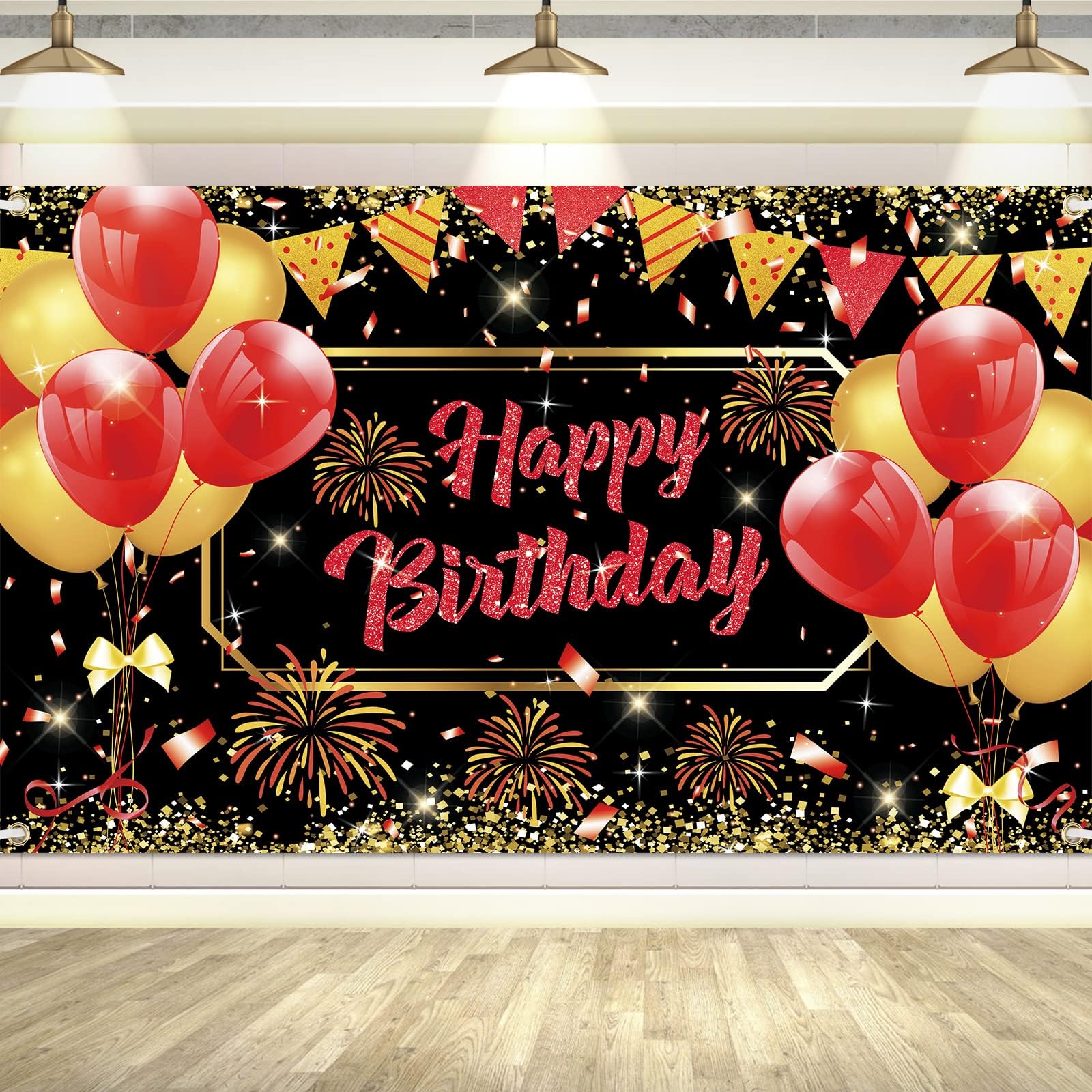 Amazon.com: Red and Gold Birthday Paty Backdrop Red and Gold Happy ...