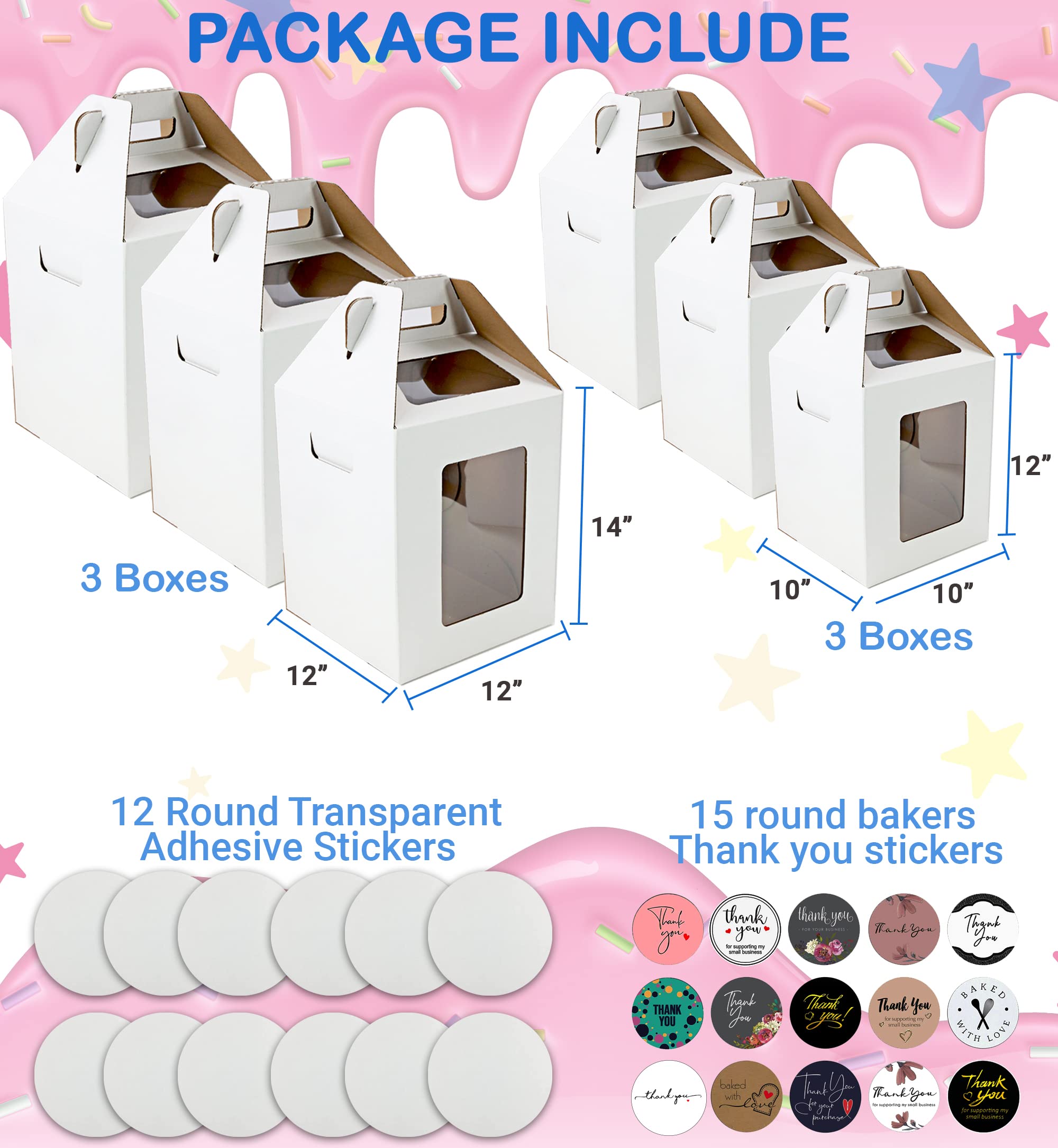 Buy Tri-Handle Tall Cake Boxes With Windows In 2 Sizes 6 Pack 10x10x12 ...