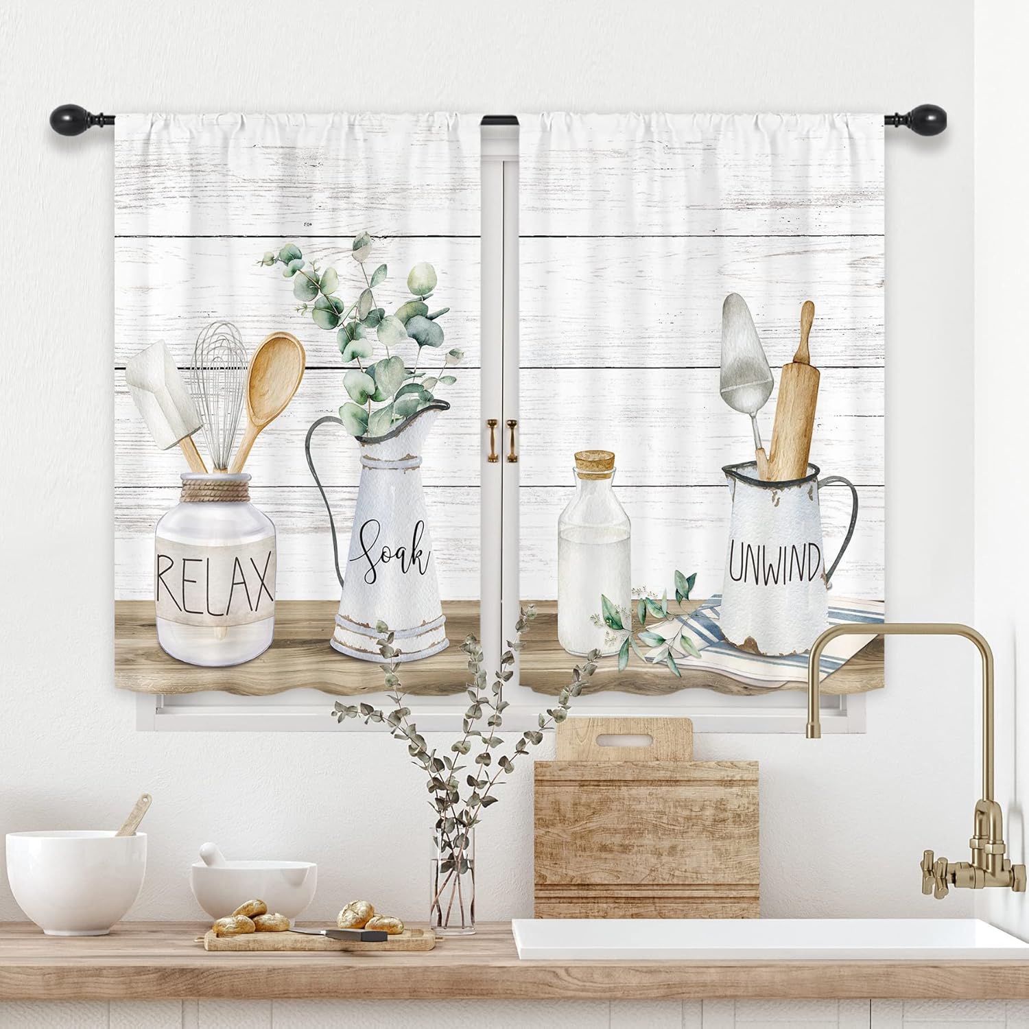 Amazon.com: Riyidecor Rustic Kitchen Curtains Eucalyptus Leaves ...