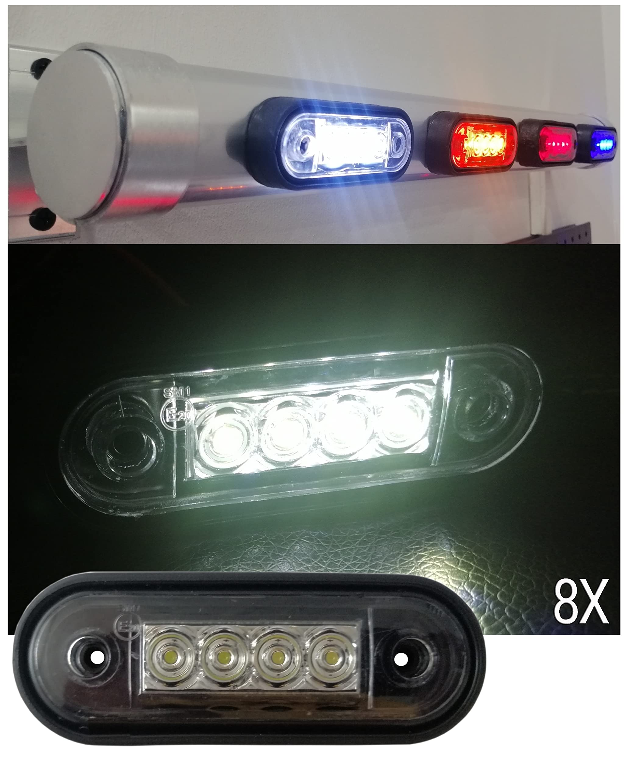 8pcs 4 Led Curved Clear White Side Marker Lights 12-24V For Bull Bars ...