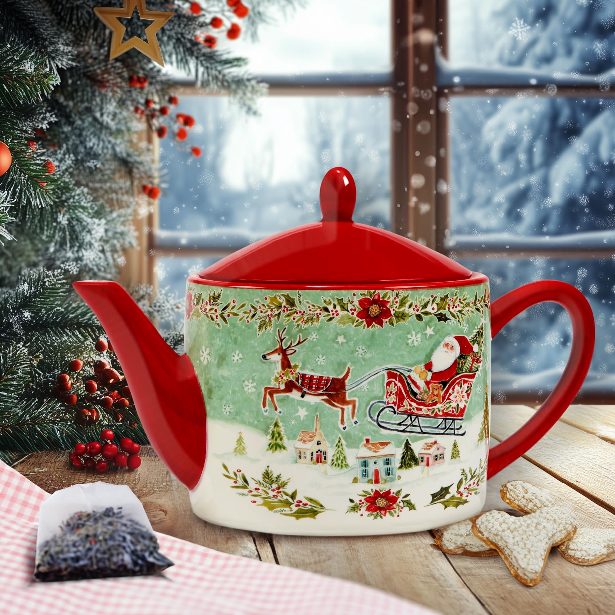 Amazon.com | Cosmos Gifts Santa's Village Ceramic Teapot, 7-1/4-Inch ...