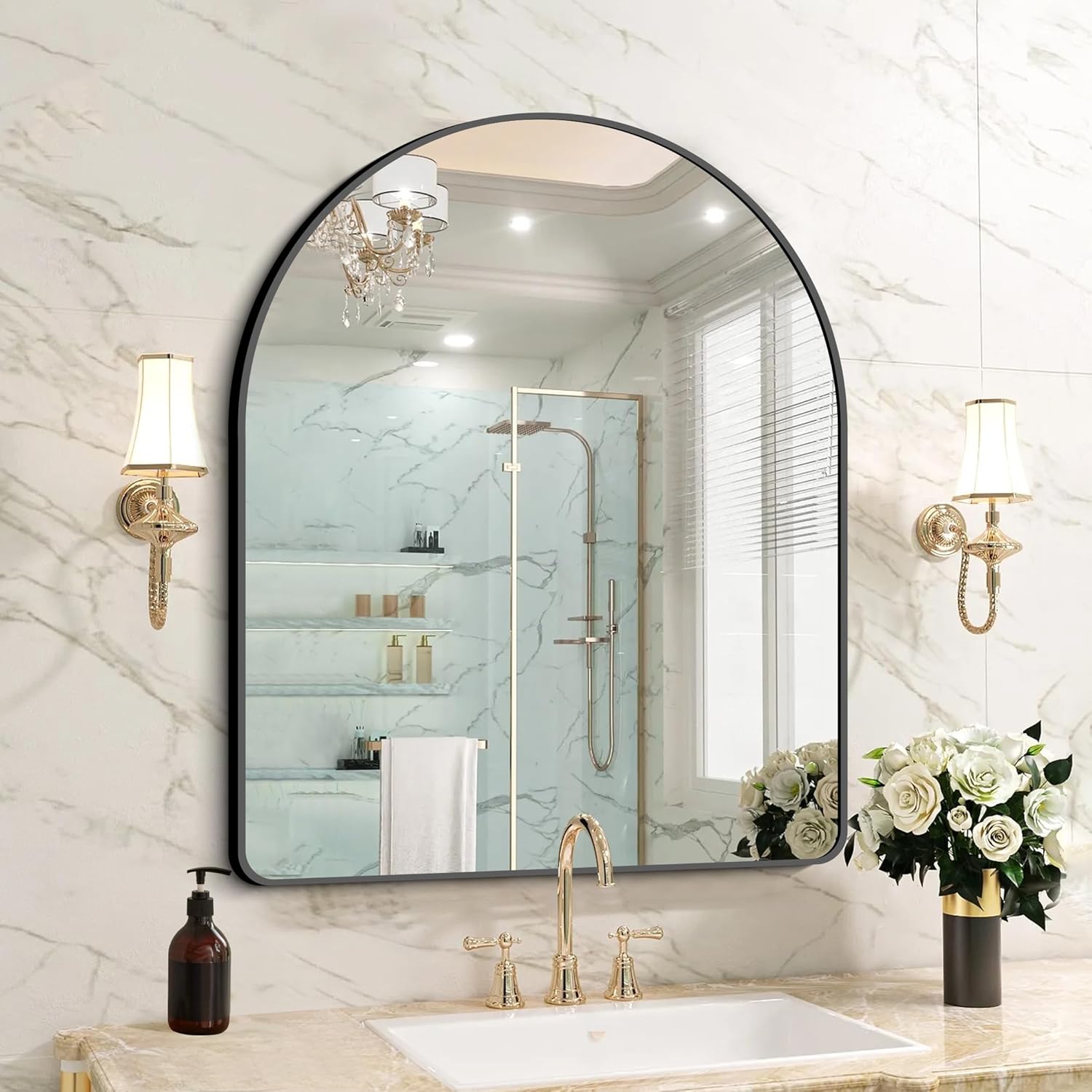 FORBATH Arched Mirror, 30"x36" Black Bathroom Mirror, Metal Frame ...