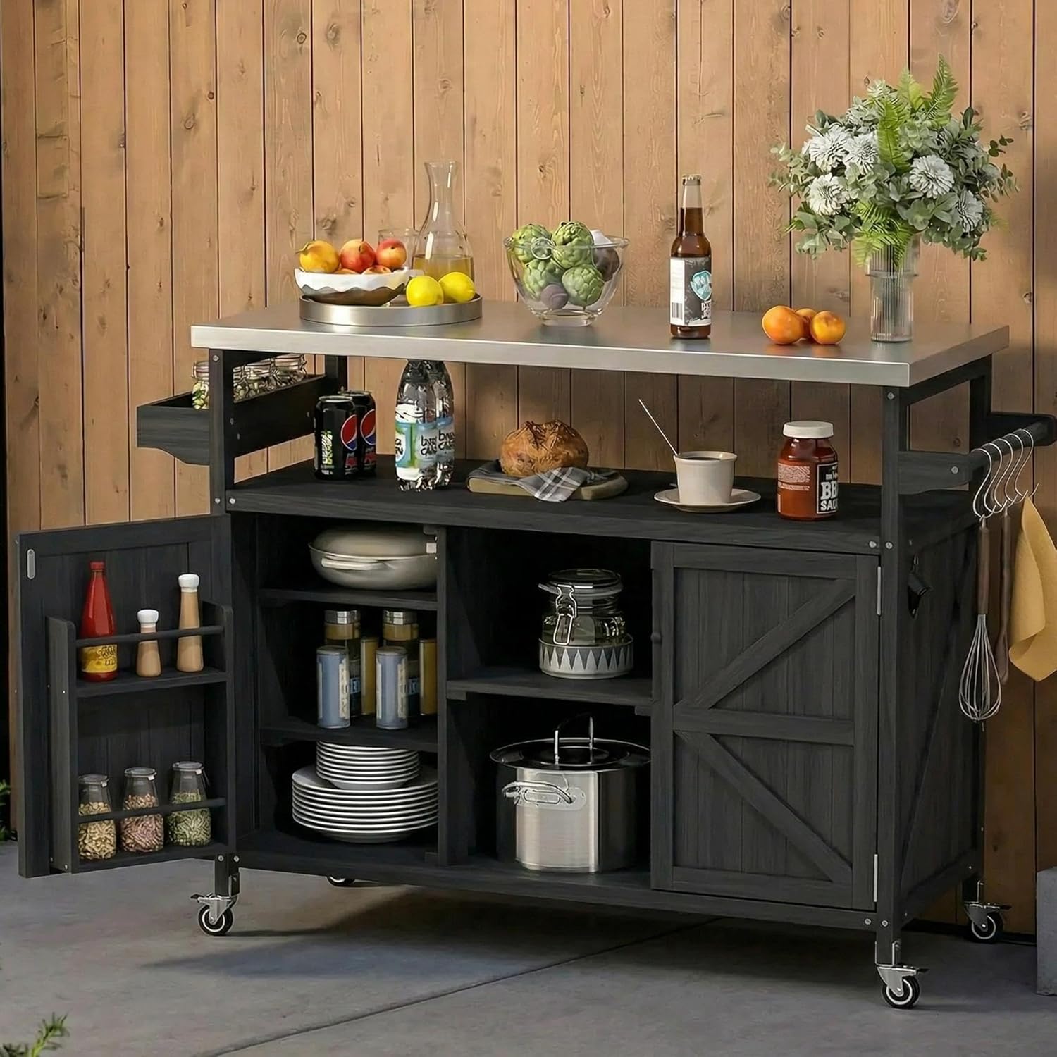 Amazon.com : 50.25" W Black Grill Cart with Stainless Steel Tabletop ...