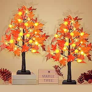 Amazon.com: 2 Pack 24 Inch Prelit Maple Tree Thanksgiving Decorations ...