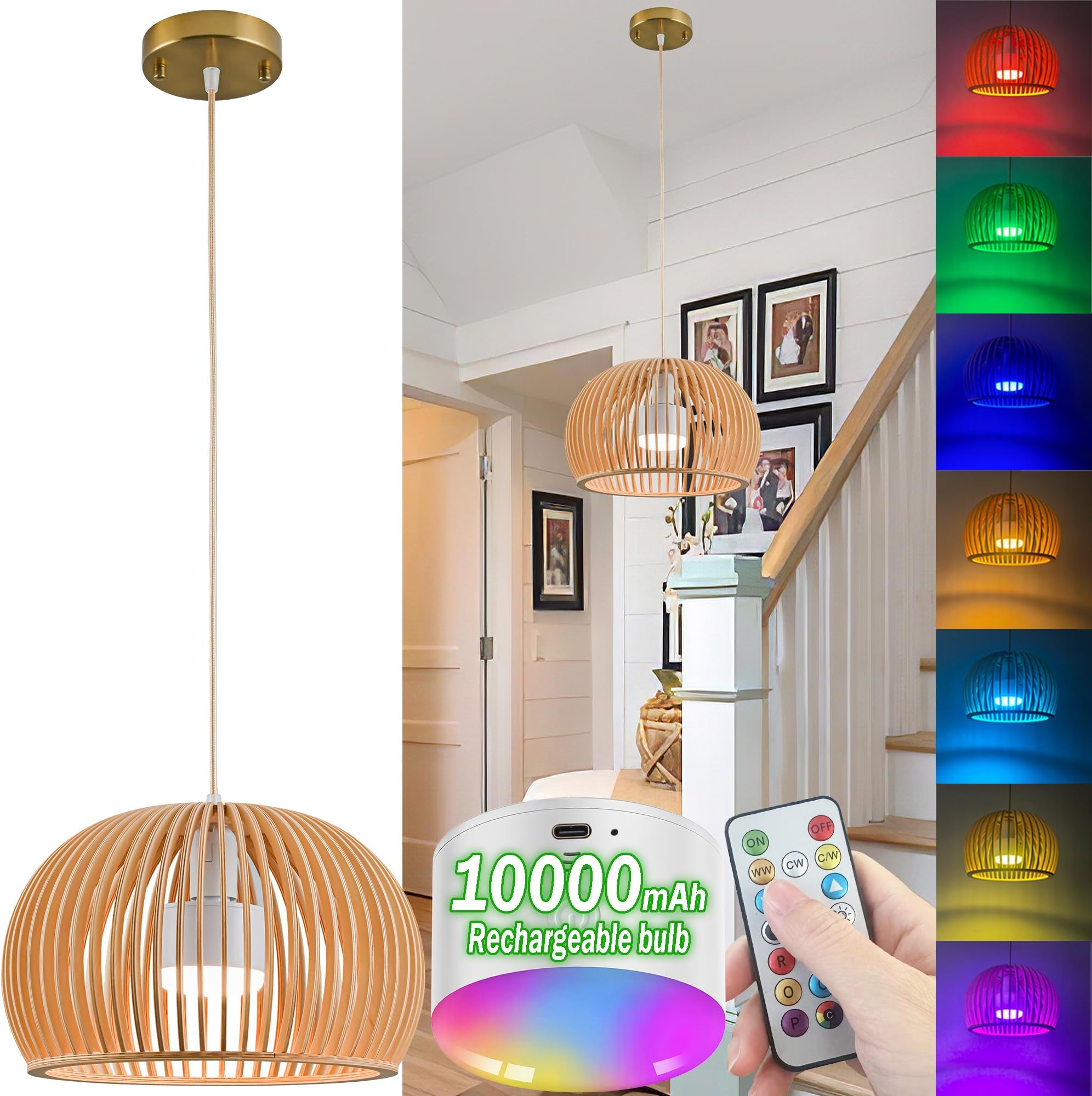 1 Pack Battery Operated Pendant Light, RGB Color Changing Rechargeable ...
