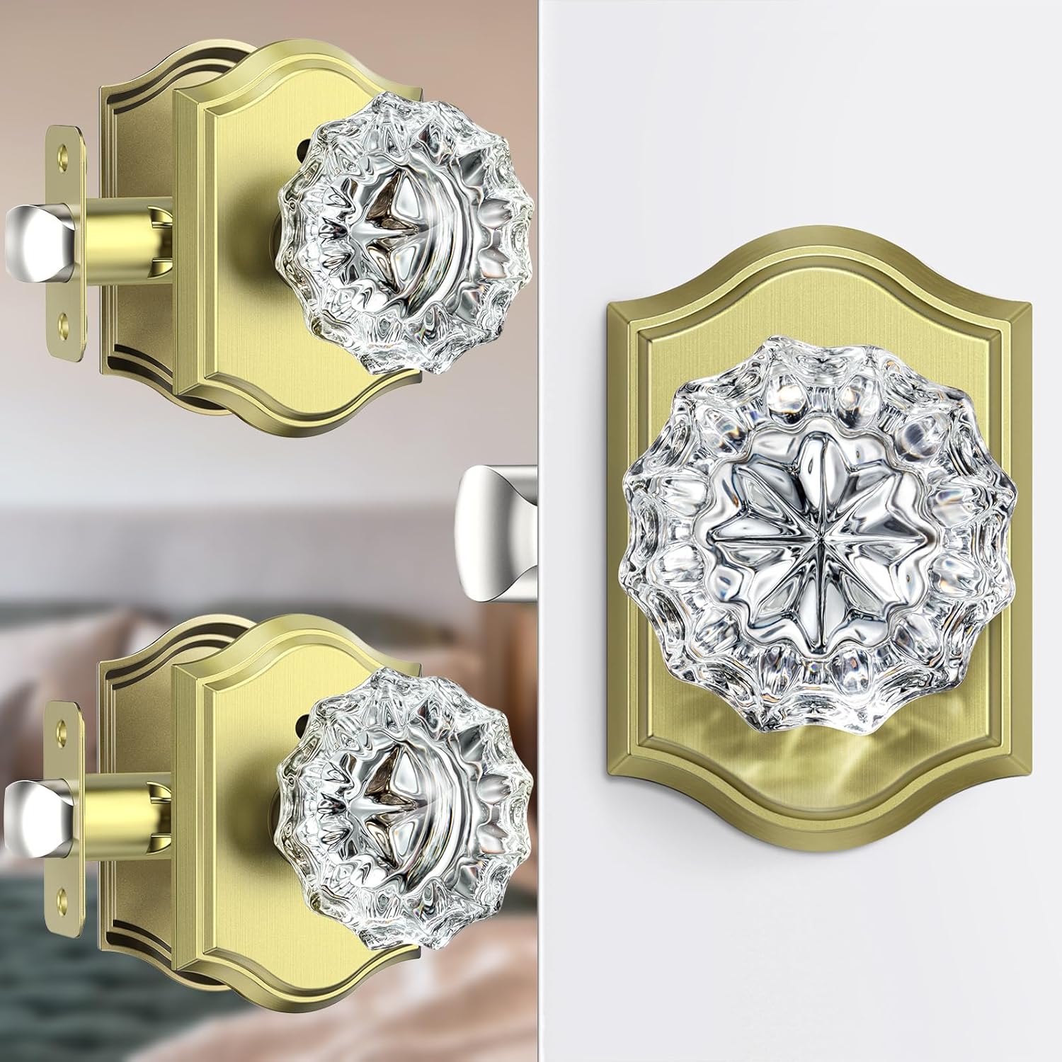 Calzibeno 3 Pack Glass Door Knobs with Lock, Satin Brass Crystal Door Knobs Interior for Privacy ...