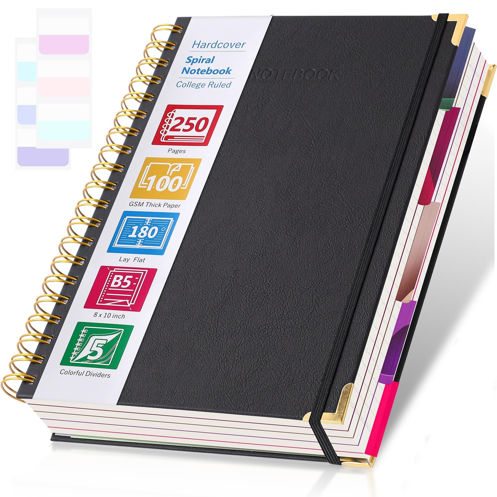 Spiral Notebook 8.5" x 11", 5 Subject Notebook, Hardcover College Ruled ...