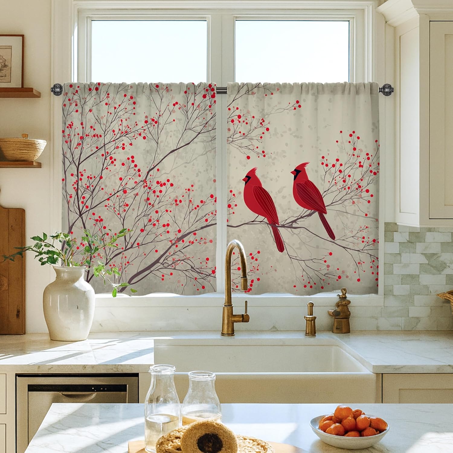 Amazon.com: Cardinal Kitchen Curtains, Nature Rustic Berries Branches ...