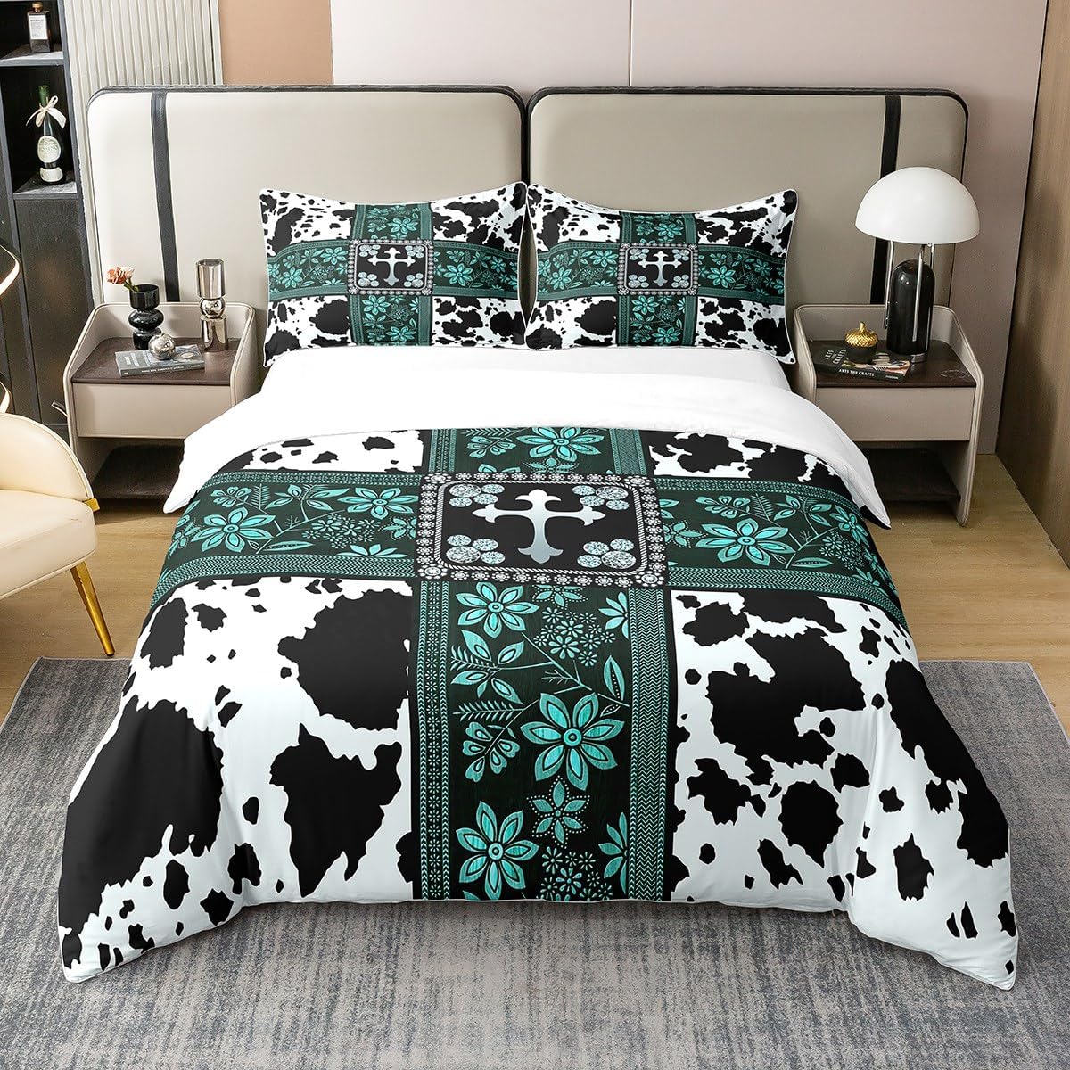 Amazon.com: 100% Cotton Cow Print Bedding Queen Floral Turquoise Decor Comforter Cover Western ...