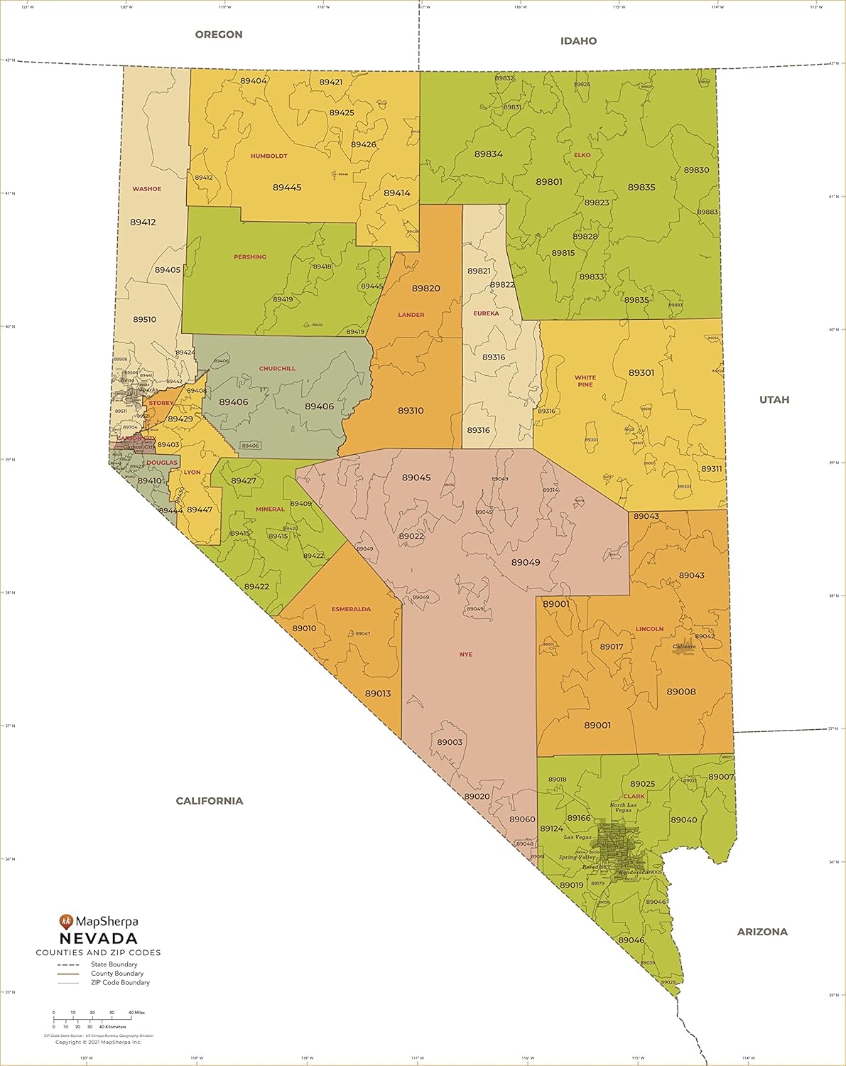 Amazon.com : Nevada ZIP Code Map with Counties - Extra Large - 60" x 75 ...