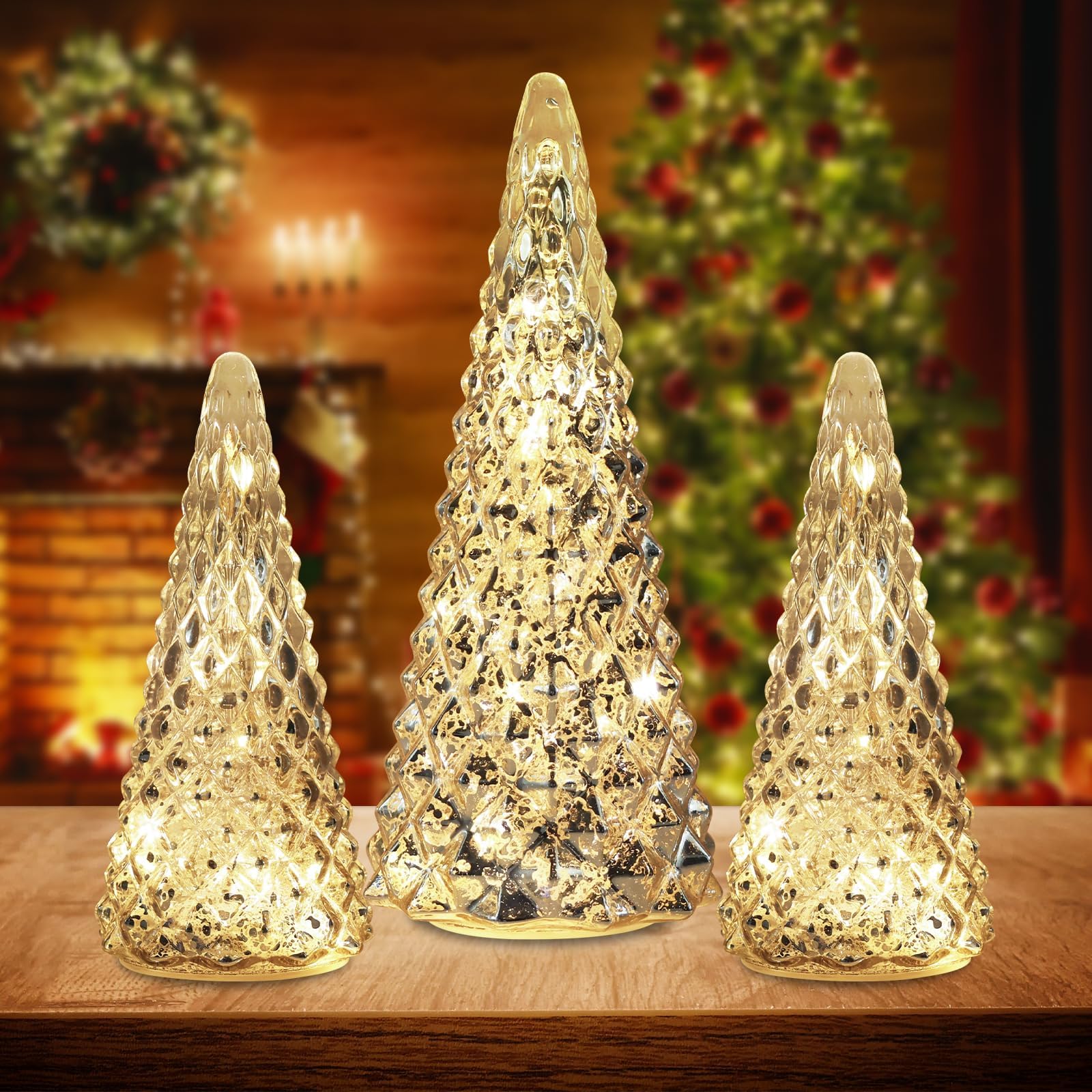 Amazon.com: Battery-Operated Mercury Glass Christmas Tree Set, 2 Sizes ...