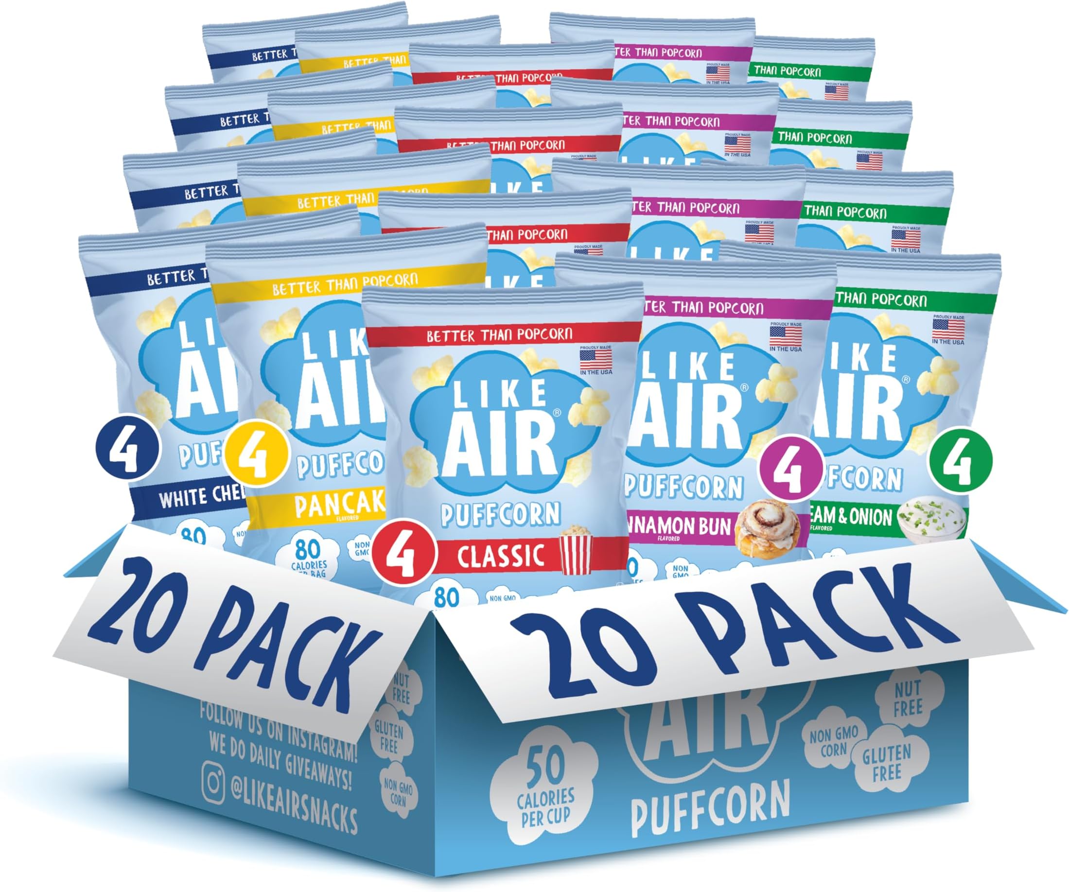 Amazon.com: Like Air Puffcorn Variety Pack (0.5 oz, Pack of 20), White ...