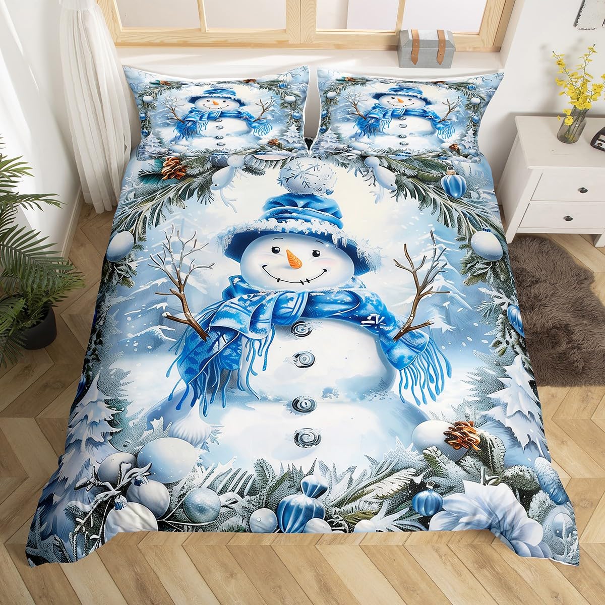 Set Queen Size Snowman Bedspread Set - 3 Piece Quilted Bedding With 2 ...