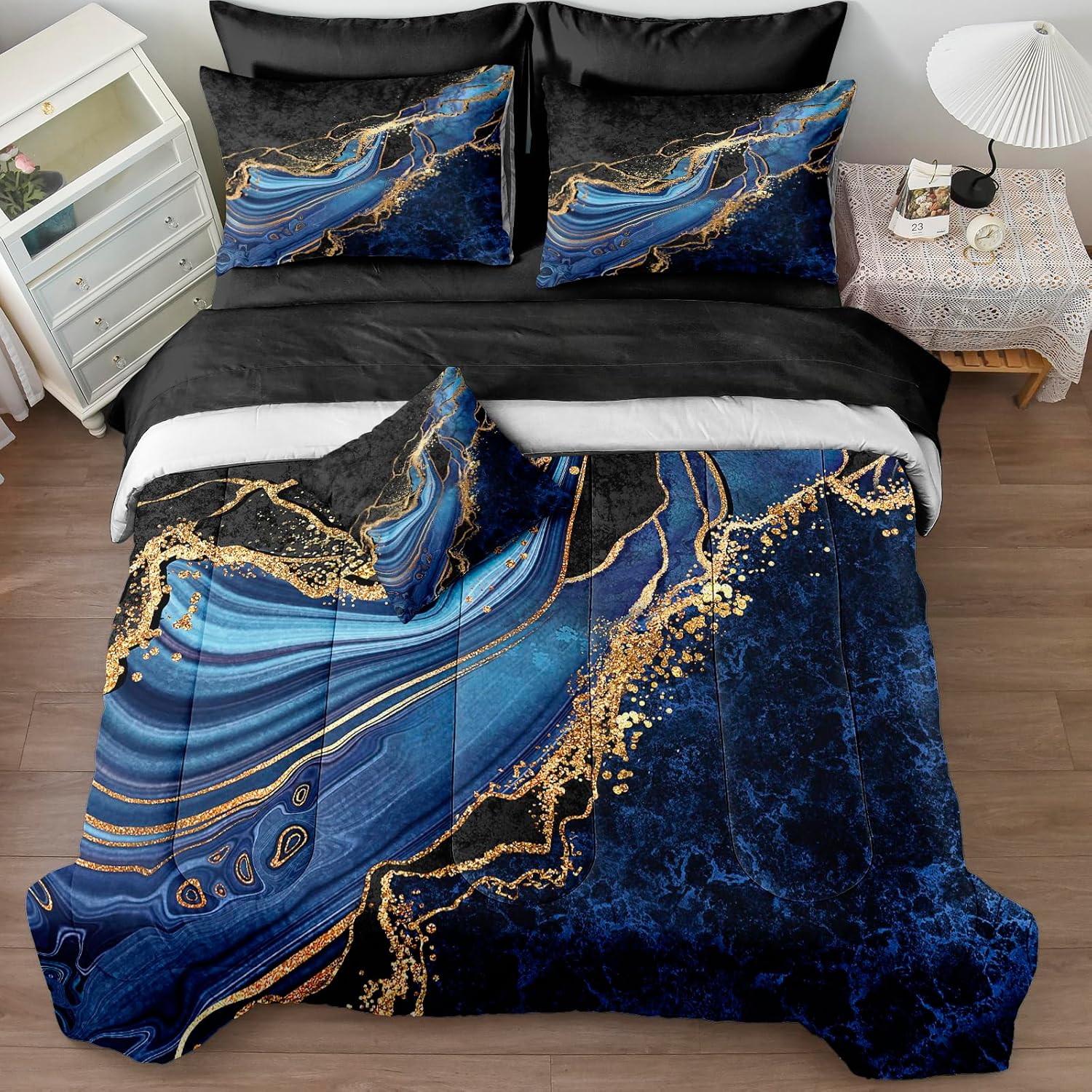 Amazon.com: Blue and Gold Comforter Blue Marble Bedding Set 8 Pieces ...
