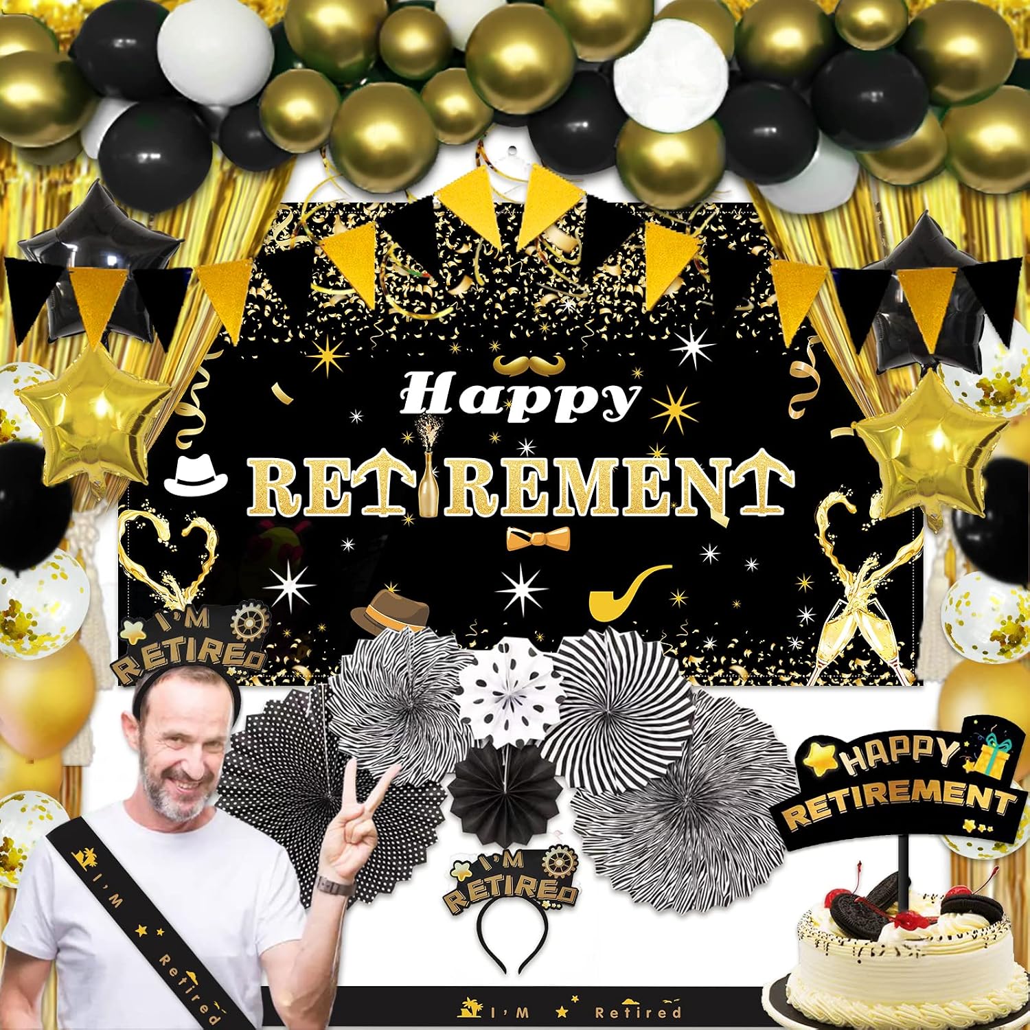 Amazon.com: Retirement Party Decorations for Men, Black Gold Retirement ...