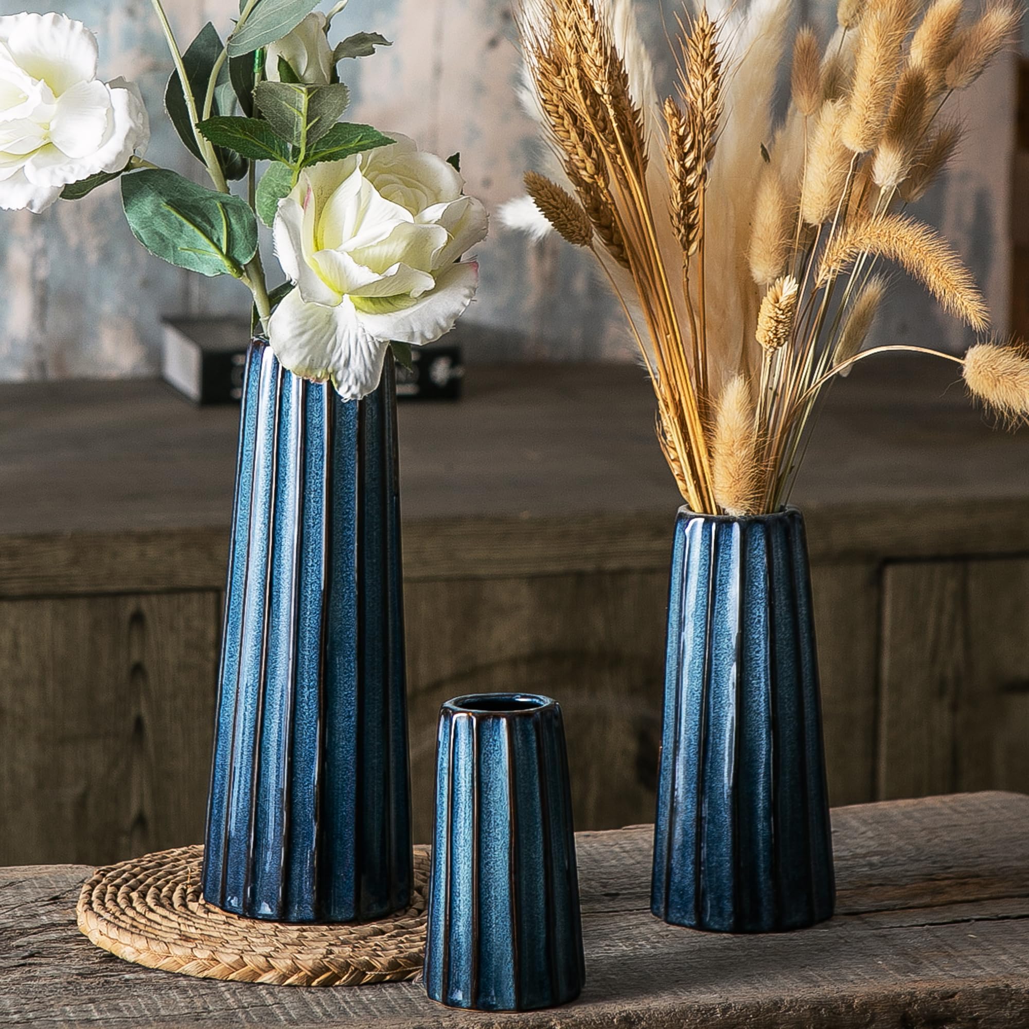 Amazon.com: Blue Ceramic Vases Set - 3 Blue Small Vase, Farmhouse ...