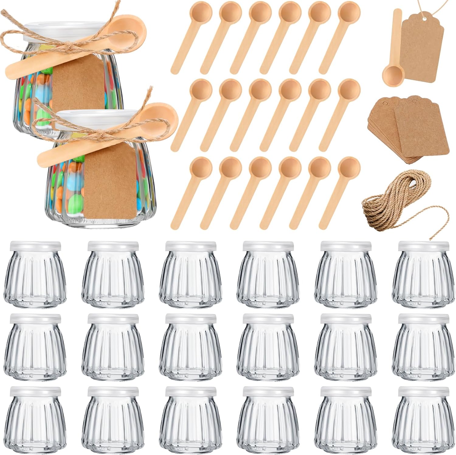 Baderke 20 Pcs Small Glass Jars with Plastic Lids, Spoons, Tags and ...