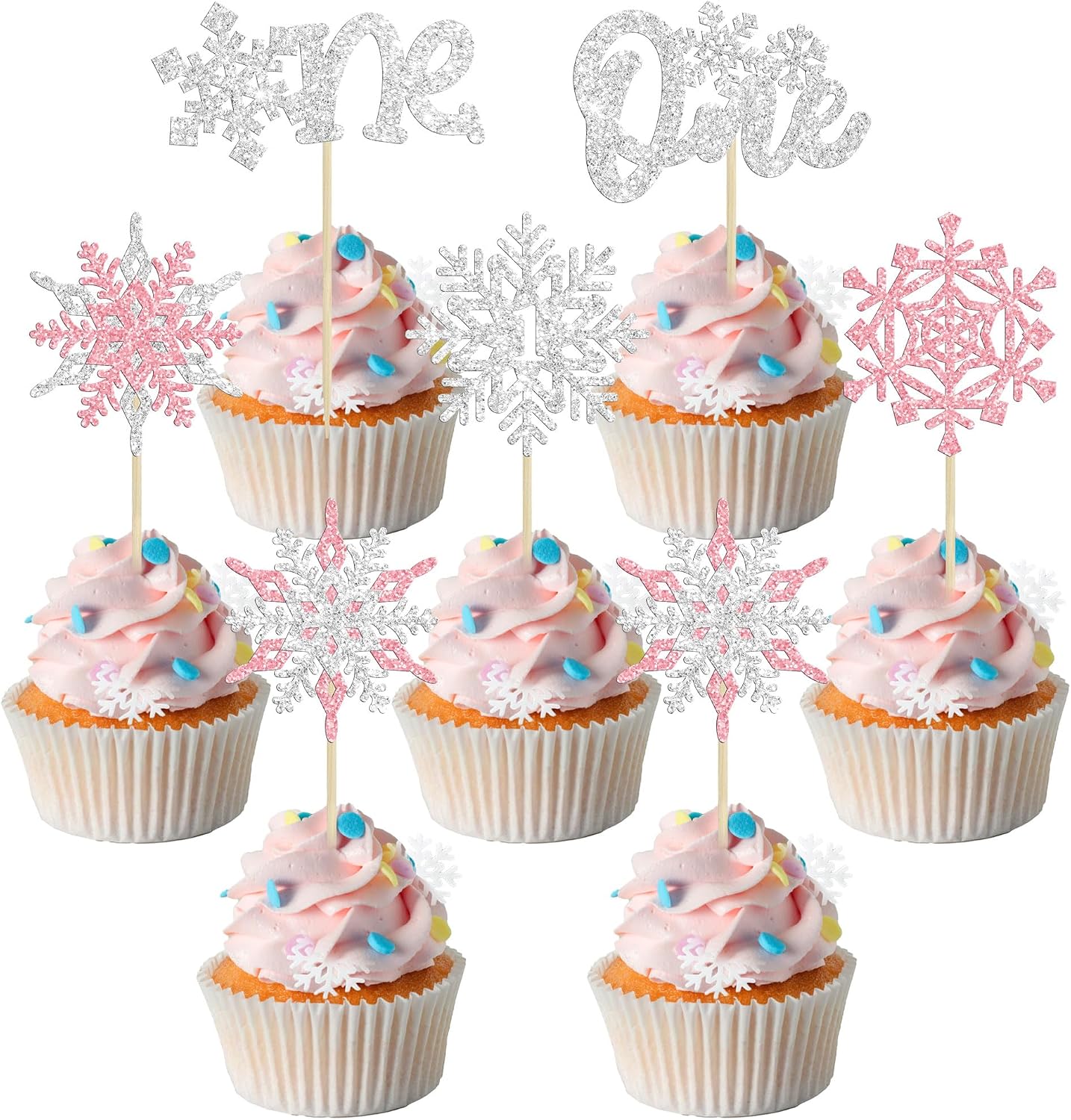 Amazon.com: Gyufise 24Pcs Snowflake One Cupcake Toppers Pink Glitter ...