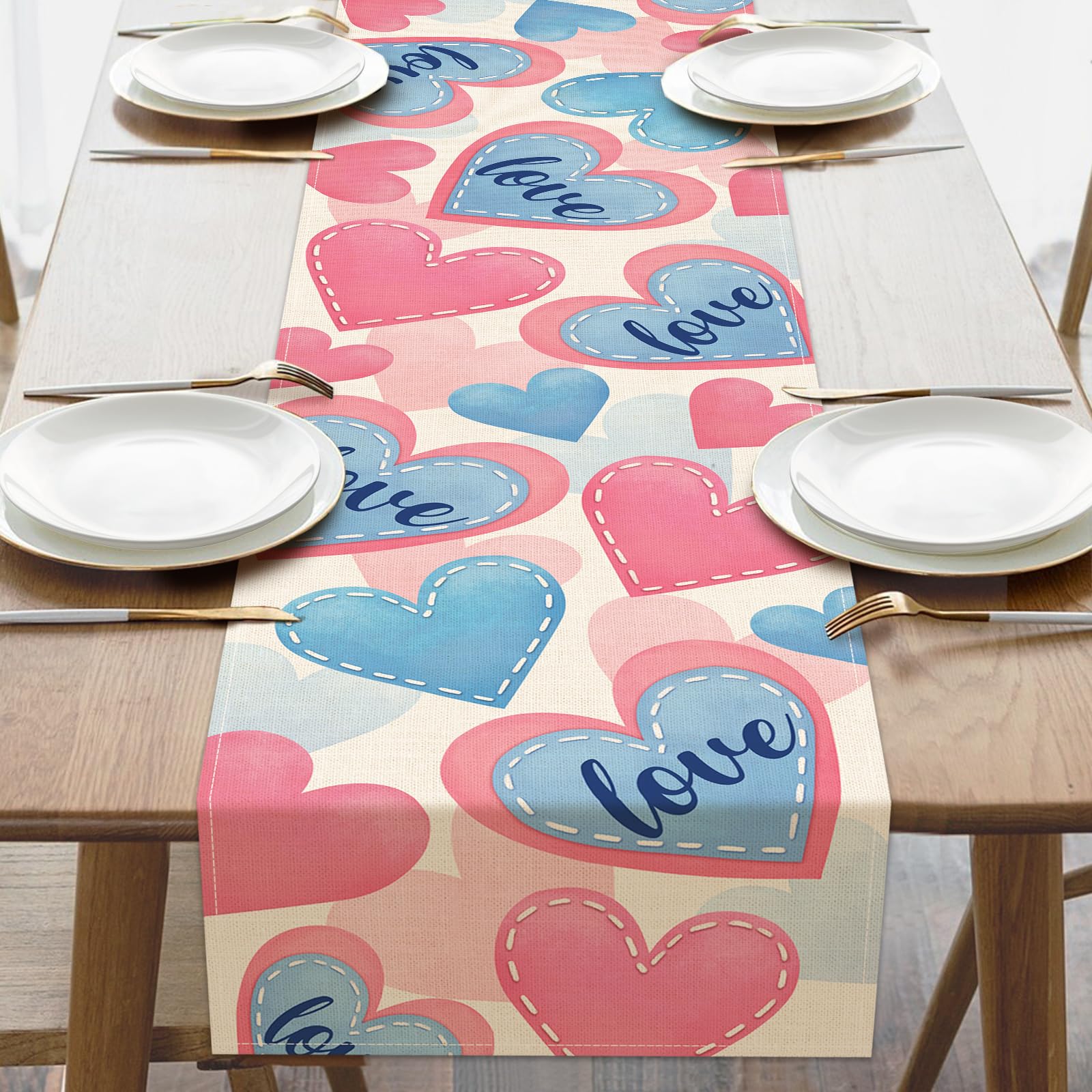 Amazon.com: Croar Valentines Day Love Table Runner, Pink Blue Hearts ...
