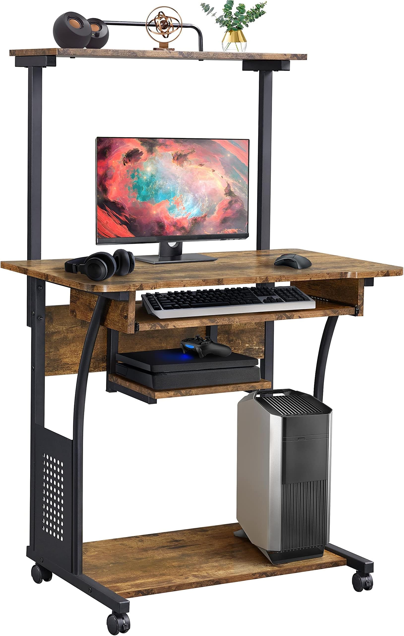 Yaheetech 2 Tier Rolling Computer Desk w/Keyboard Tray and Printer ...