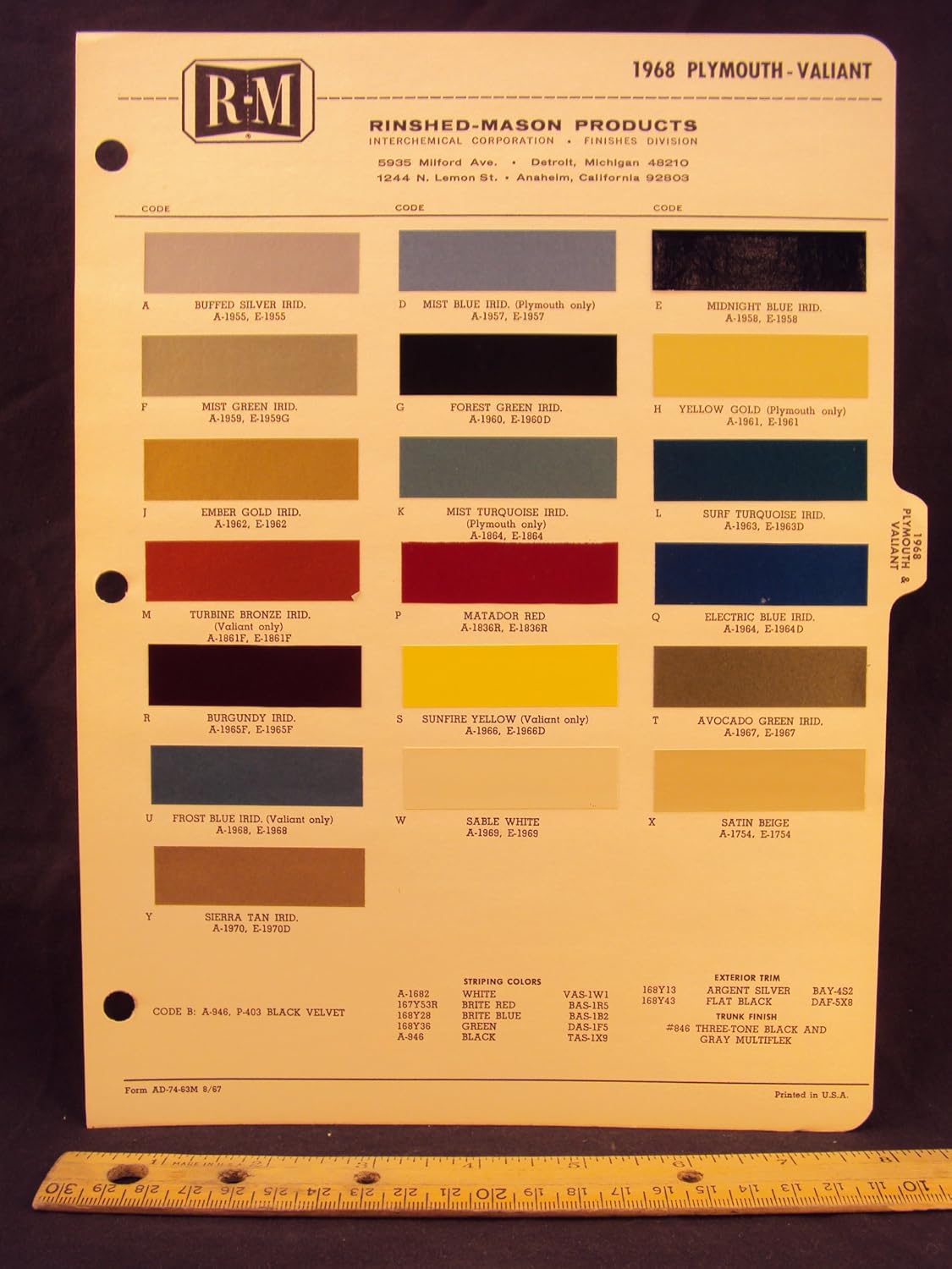 1968 PLYMOUTH and Valiant Paint Colors Chip Page: Chrysler Cororation ...