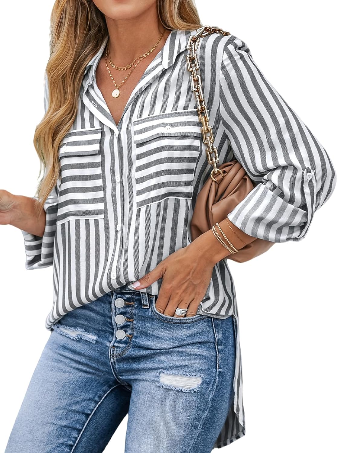CUPSHE Women Shirts Striped Pocket Tops Long Sleeves Roll-tabs Button ...