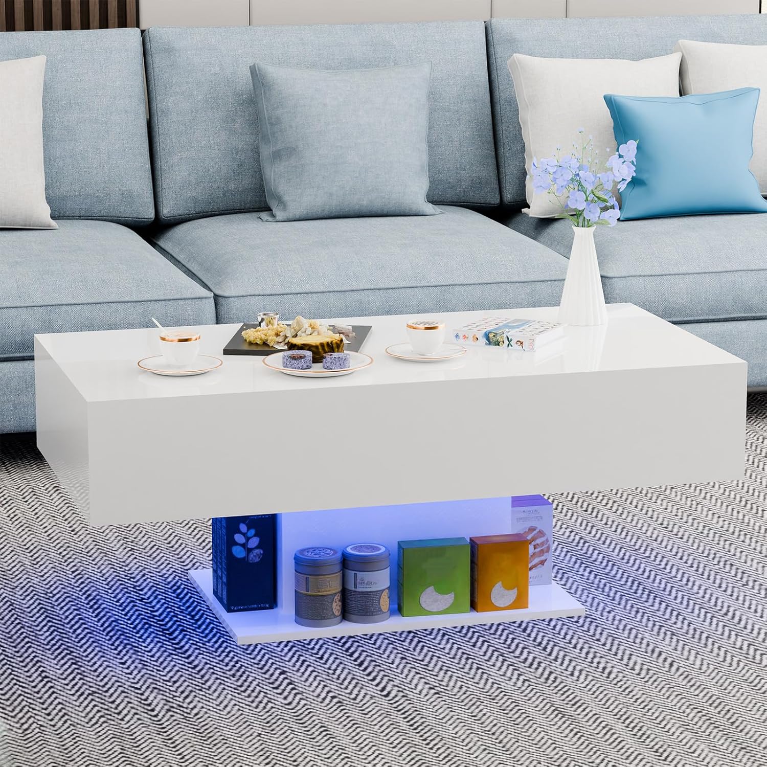Amazon.com: Led Coffee Table High Gloss Coffee Table with LED Lights ...
