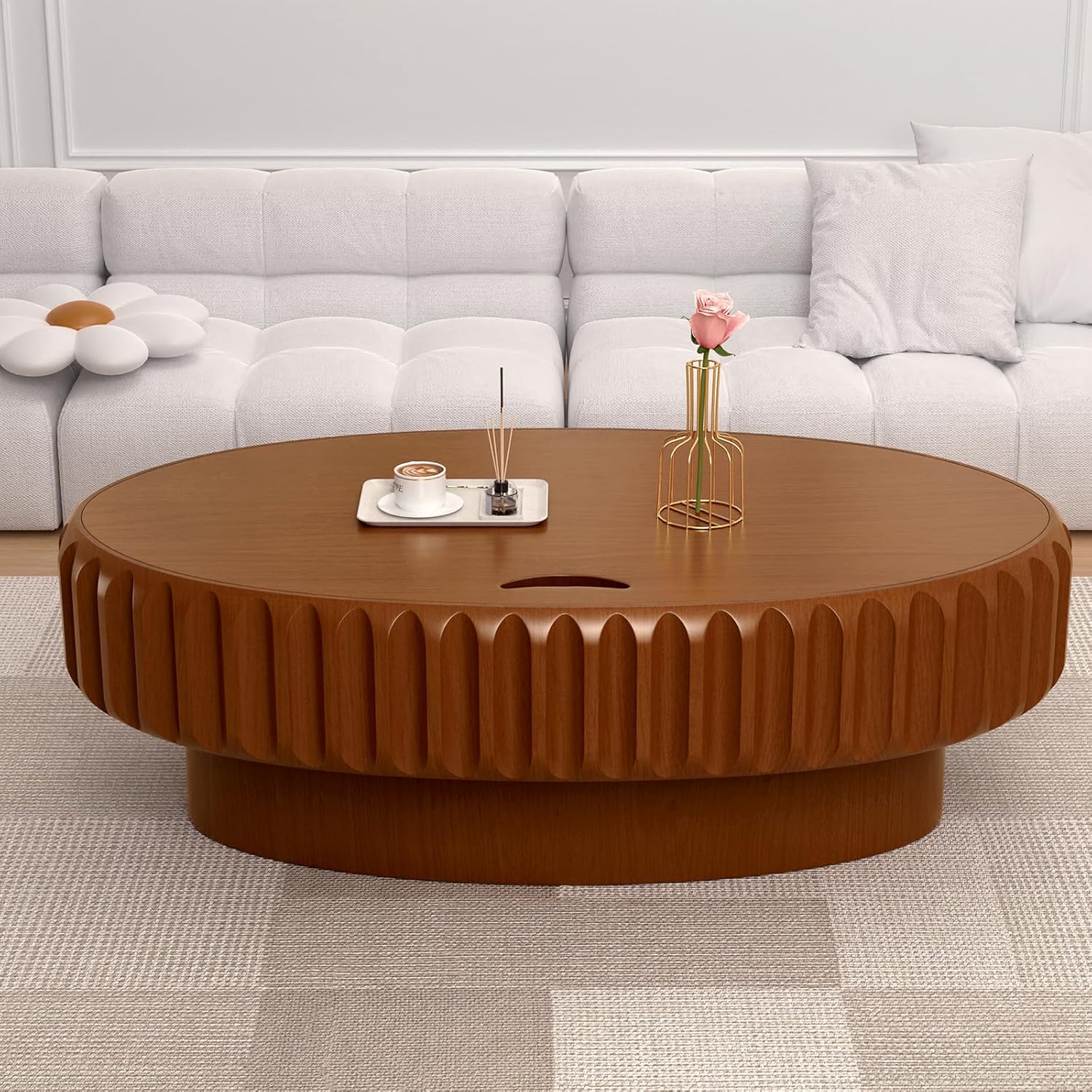 Amazon.com: DAXUESEH 43.3" Drum Coffee Table with Storage Oval Fluted ...