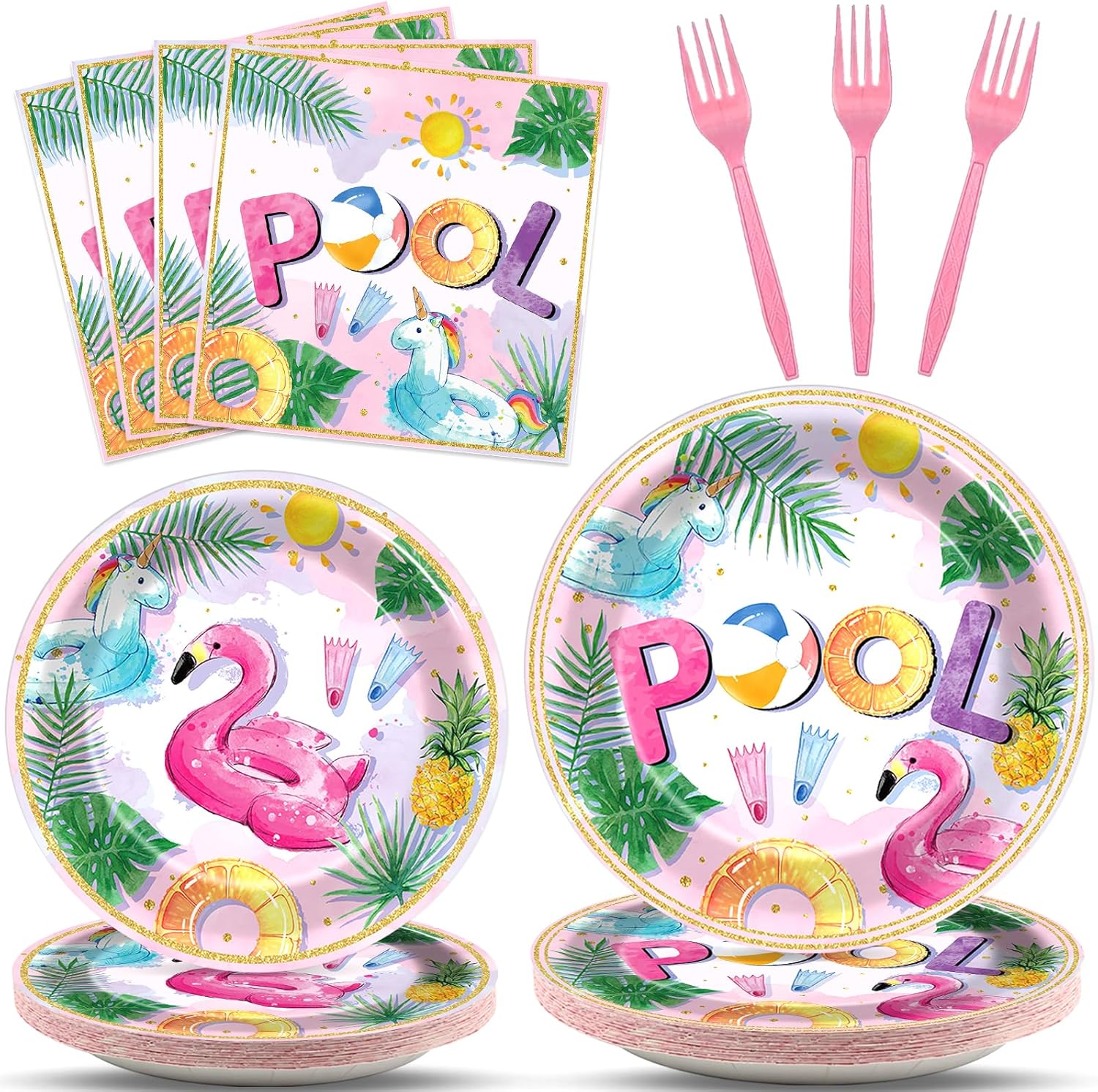 Amazon.com: 96 Pcs Pink Pool Birthday Tableware Set for Summer Beach ...